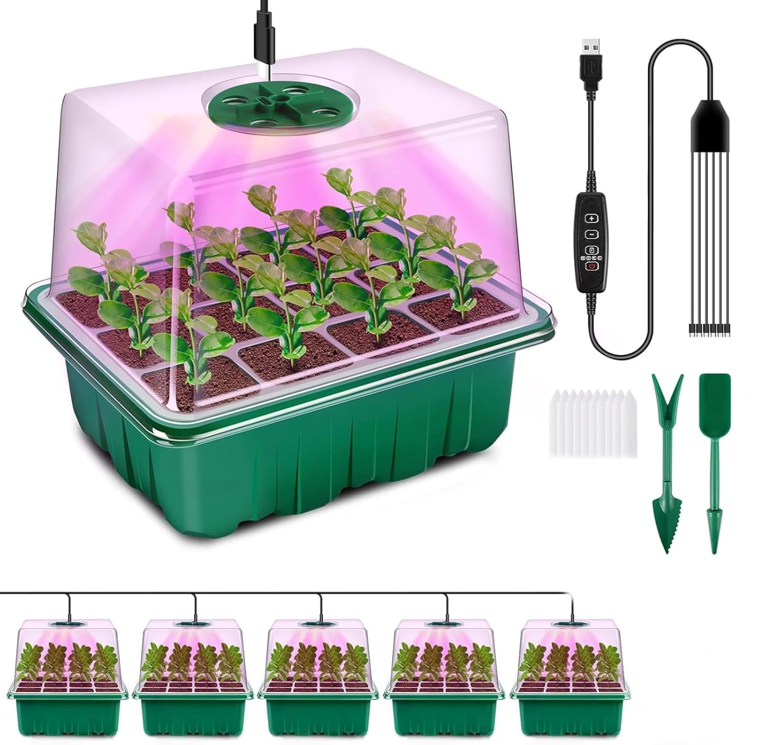 Seed Starter Tray with Grow Light,5 Pack Self Watering Seed Starter Kit with Humidity Domes ...