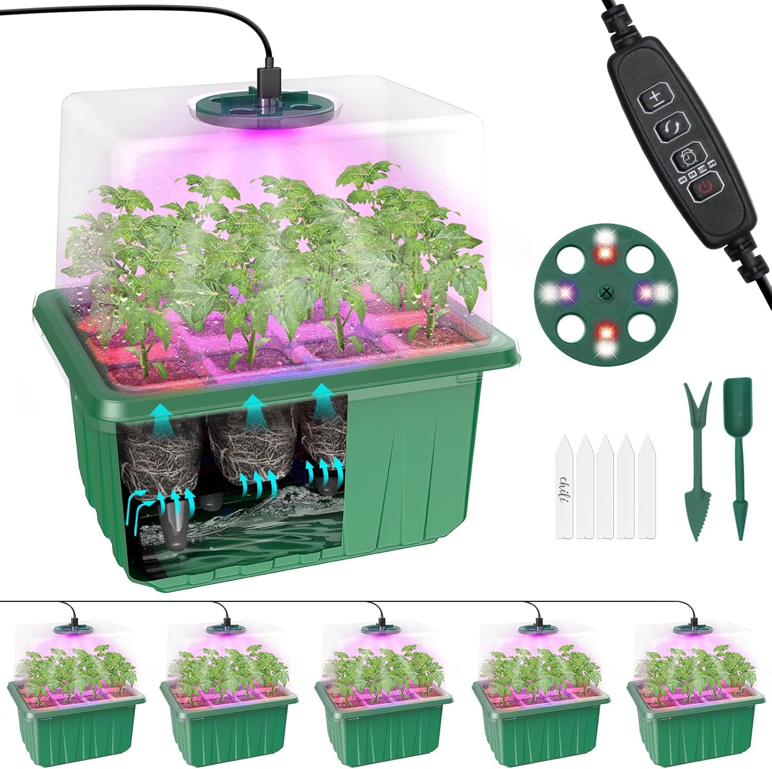 Seed Starter Tray with Grow Light,6 Pack Self Watering Kit Humidity ...