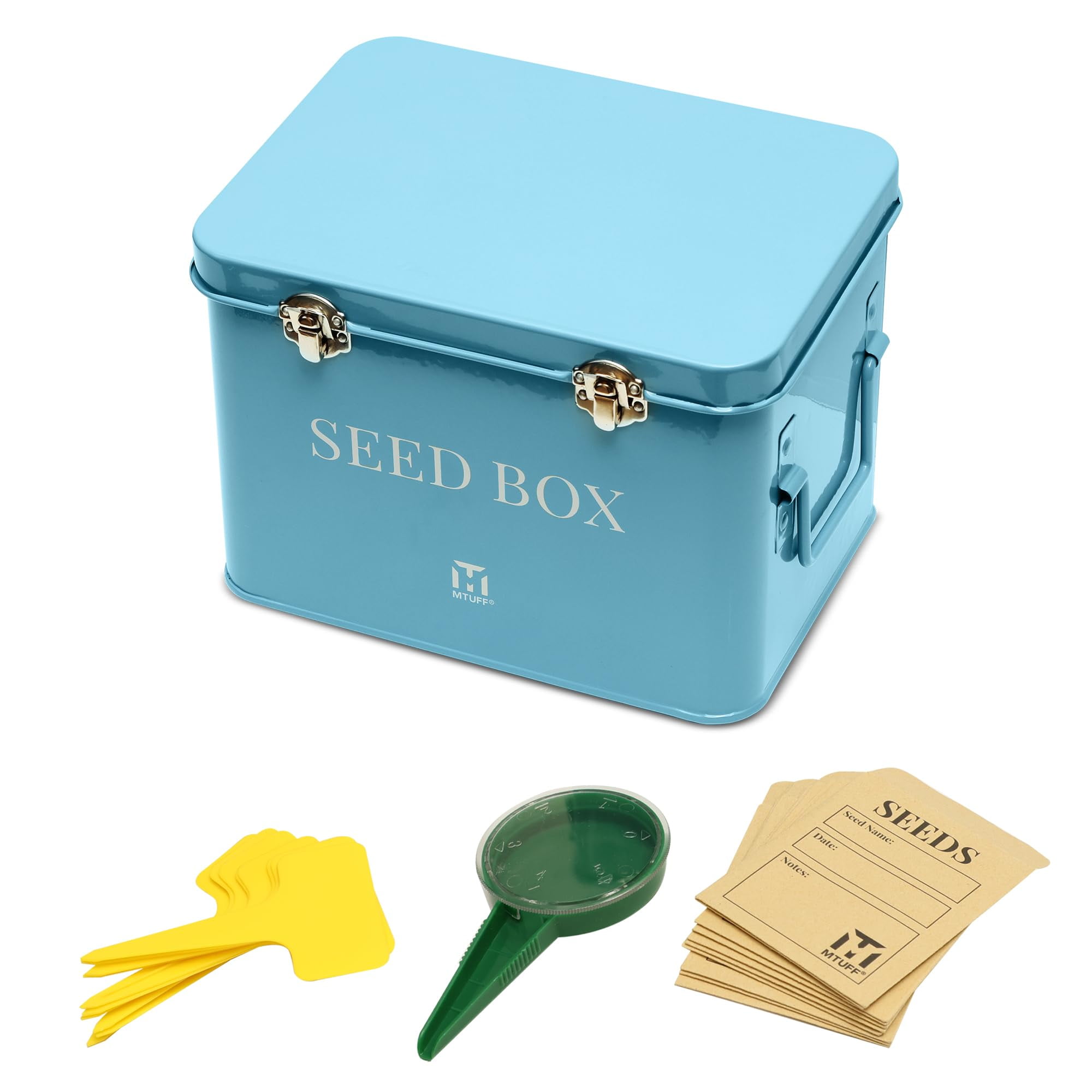 Seed Storage Box Organizer in Light Blue. Metal Seed Packet Container ...