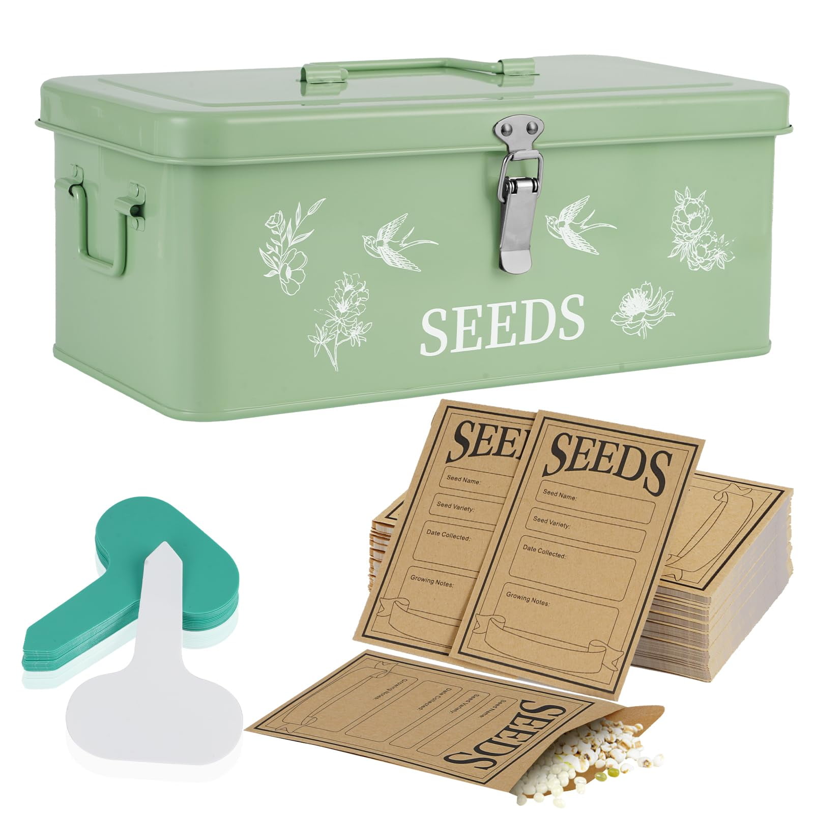 Seed Storage Organizer Box with 4 AIS1 Compartments and Locks, Metal Seed Saver Kit Includes 40 ...