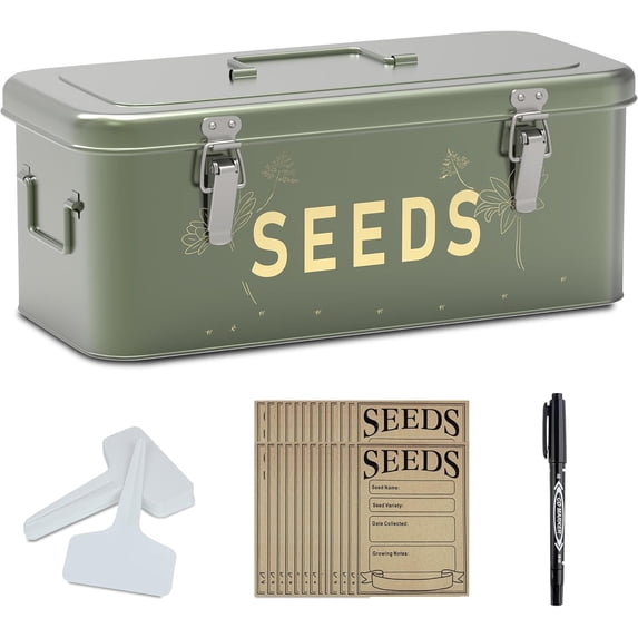 Seed Storage Organizer, Metal Seed Saving Box with Lid, Seed Bin with ...