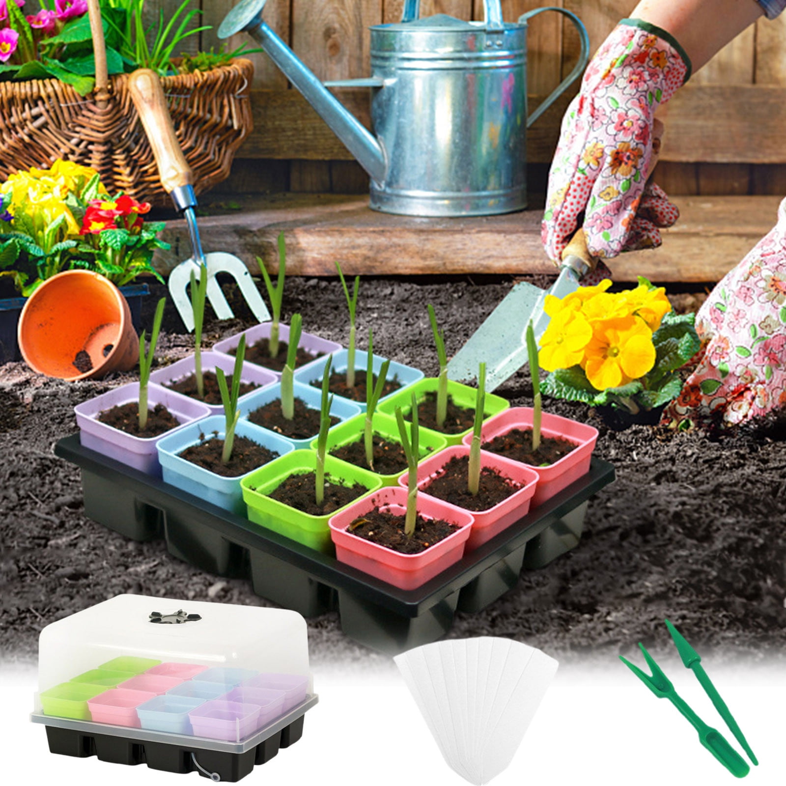 Seed Tray Kit 12 Cells Trays With Humidity Dome And Base Greenhouse ...