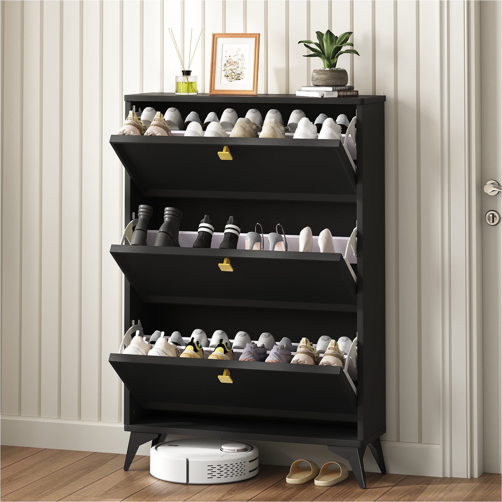 Seeday Shoe Cabinet Black with 3 Flip Drawers Hidden Shoe Storage ...