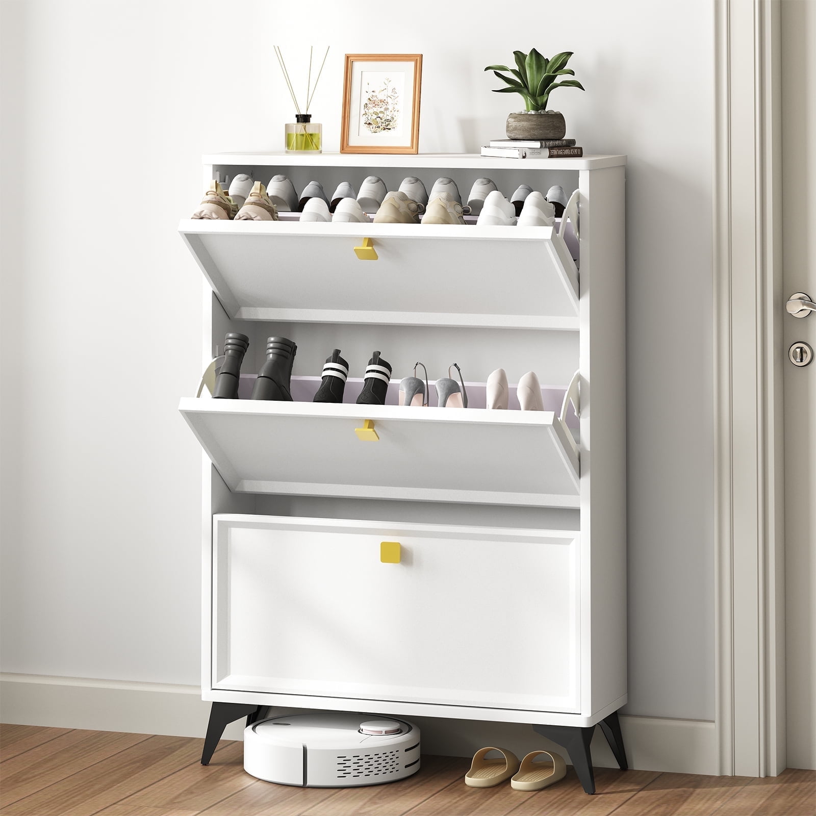 Seeday Shoe Cabinet White with 3 Flip Drawers Hidden Shoe Storage ...