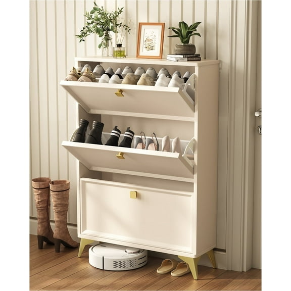 Shoe Storage Cabinet with 4 Flip Drawers, Slim Narrow Shoe Rack Cabinet ...