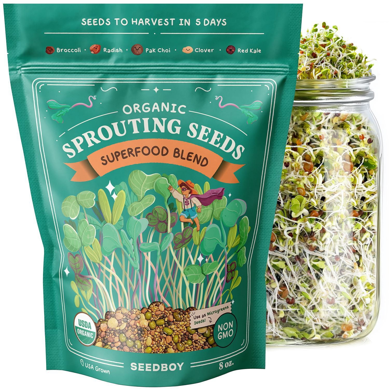 Seedboy Organic Sprouting Seeds, Superfood Microgreens Mix, Makes 8 ...