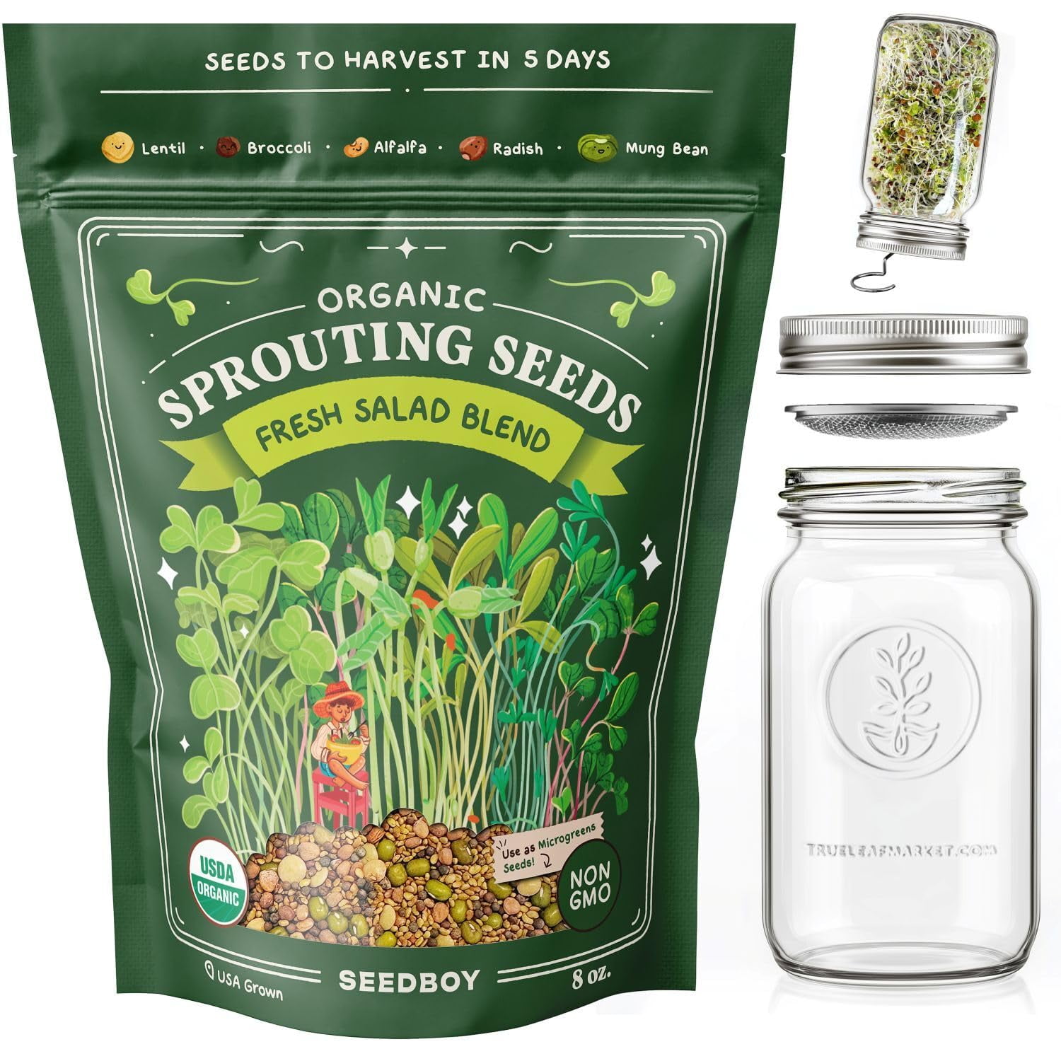 Seedboy Sprouting Kit Bundle - Sprouts Growing Kit with Jar, Lid, Stand ...