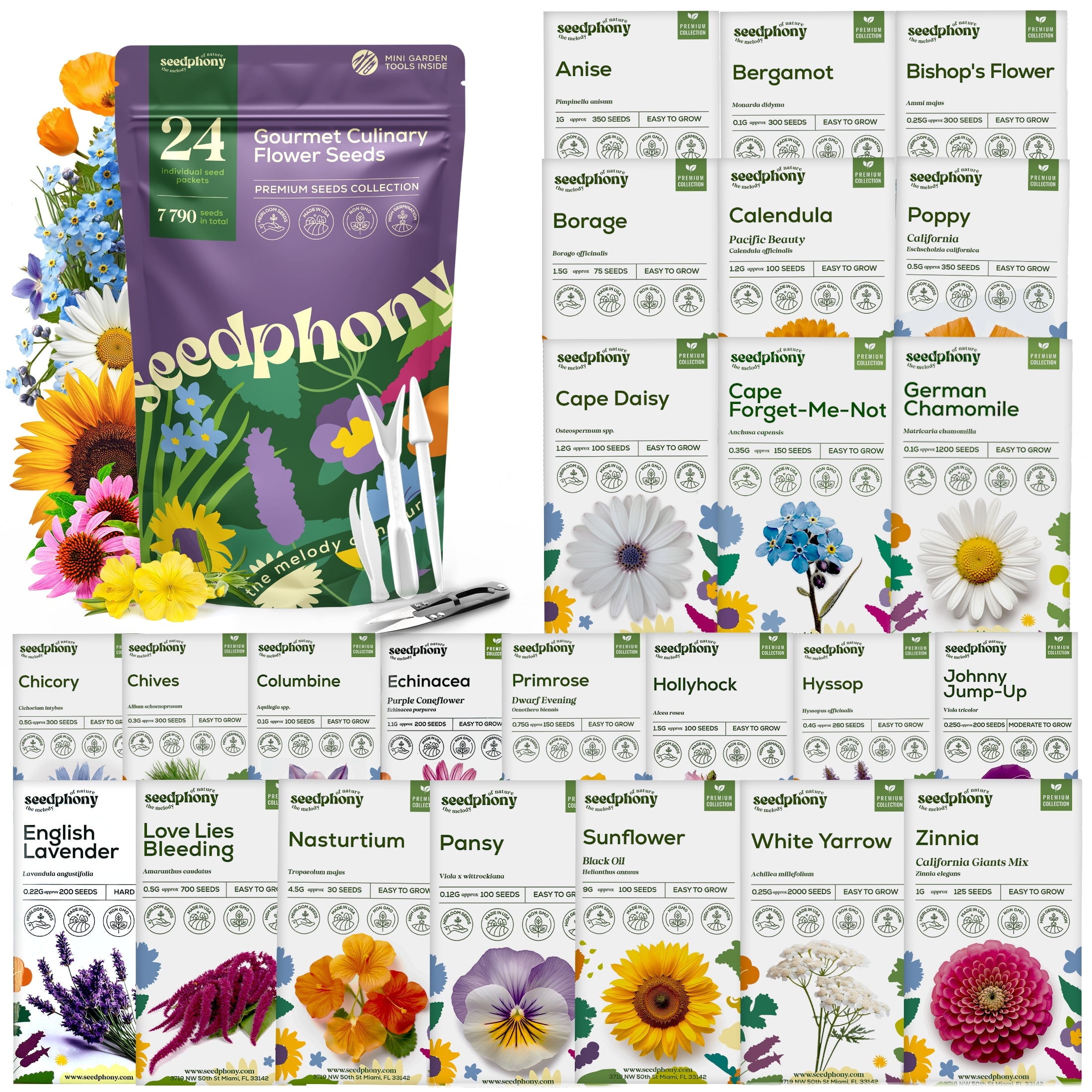 Seedphony 24 Gourmet Culinary Flower Seeds Variety Pack, 7,790+ Non-GMO ...