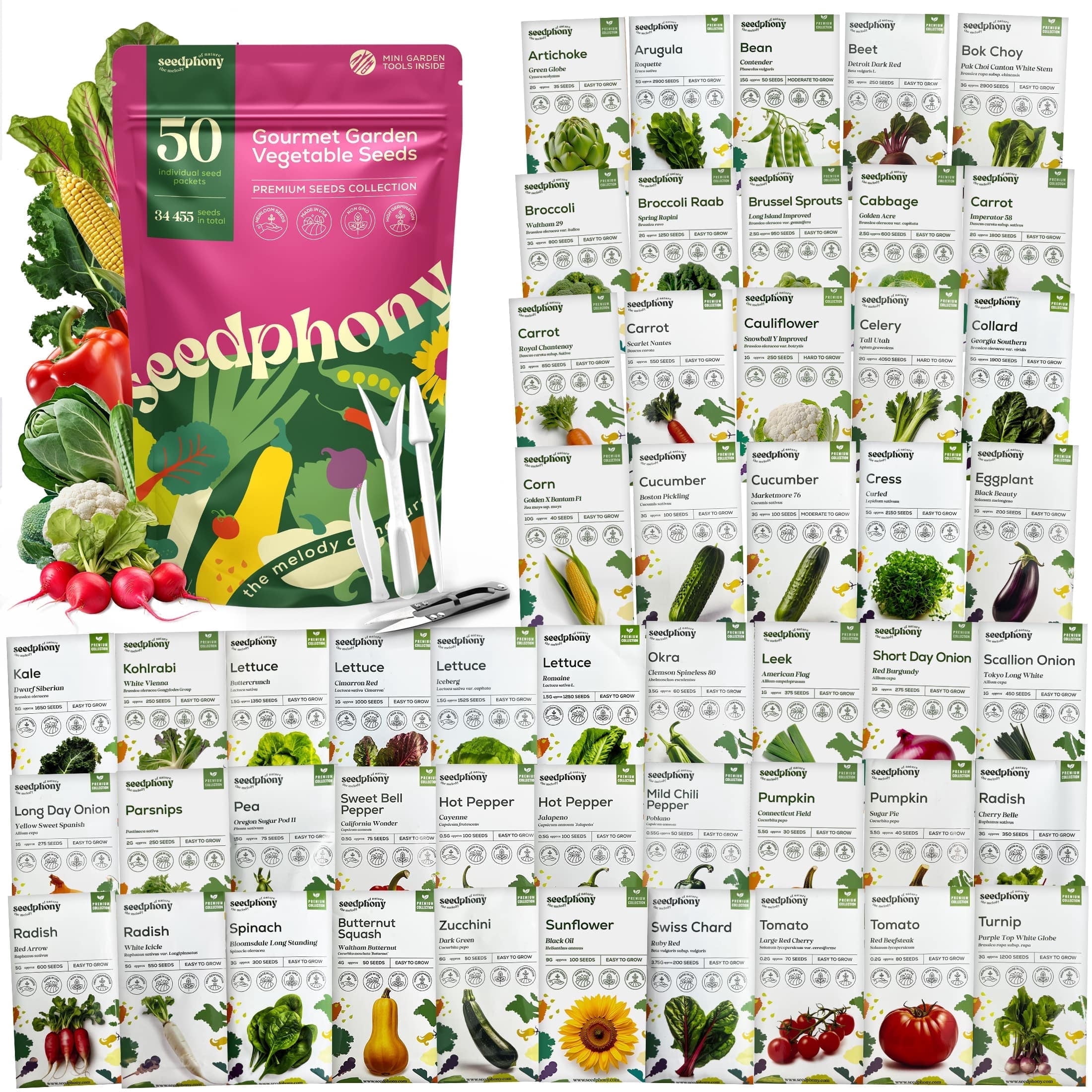 Seedphony Non-GMO Heirloom Vegetable Seeds Pack, 50 Varieties, 34,455 ...