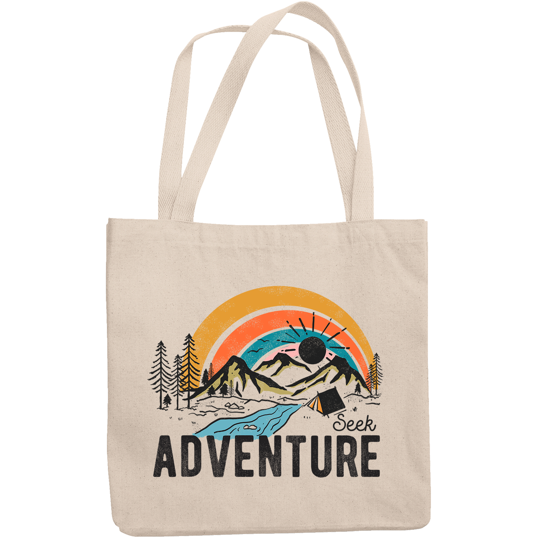 Seek Adventure, Retro Mountains, River & Camping Tent Art Merch Gift ...