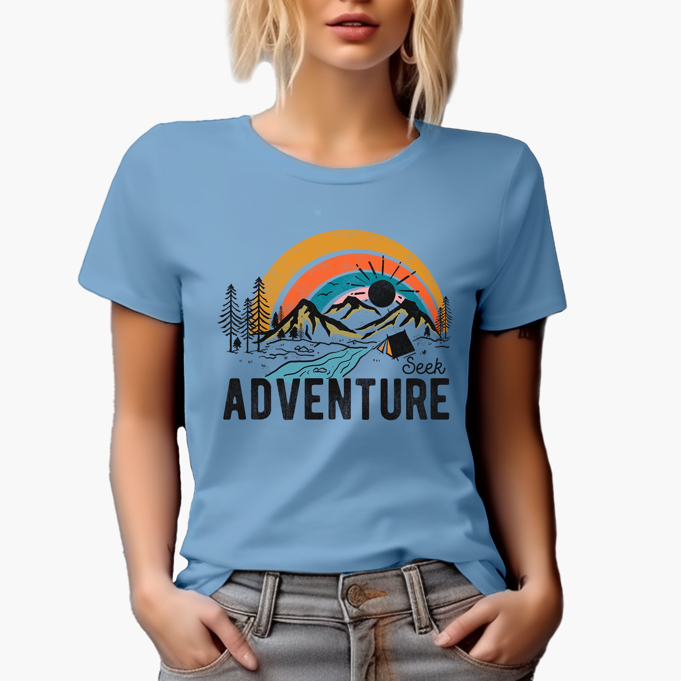 Seek Adventure, Retro Mountains, River & Camping Tent Art Merch Gift ...