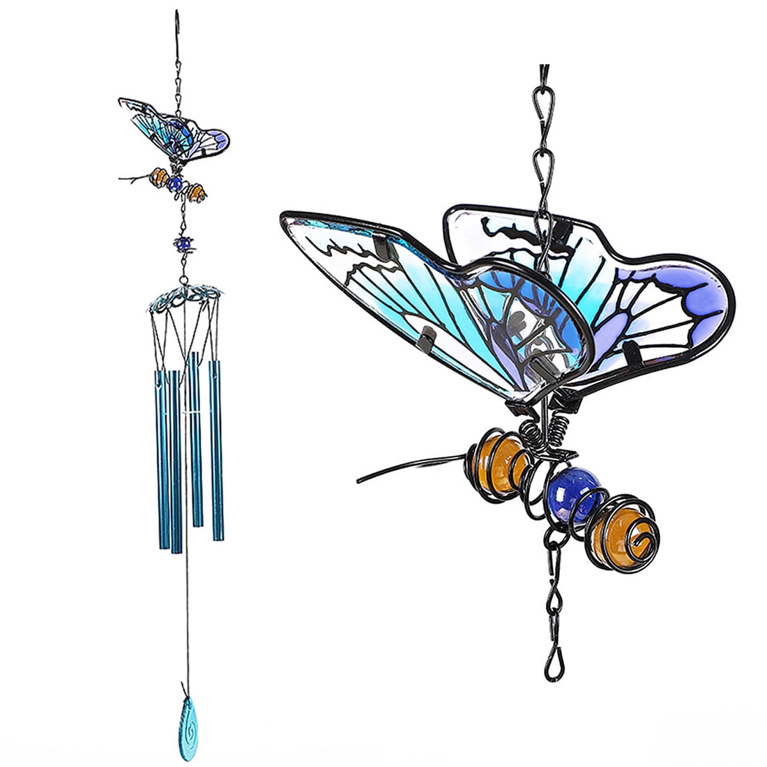 SeekFunning Butterfly Wind Chimes, 27.5''H Iron Stained Glass Butterfly ...