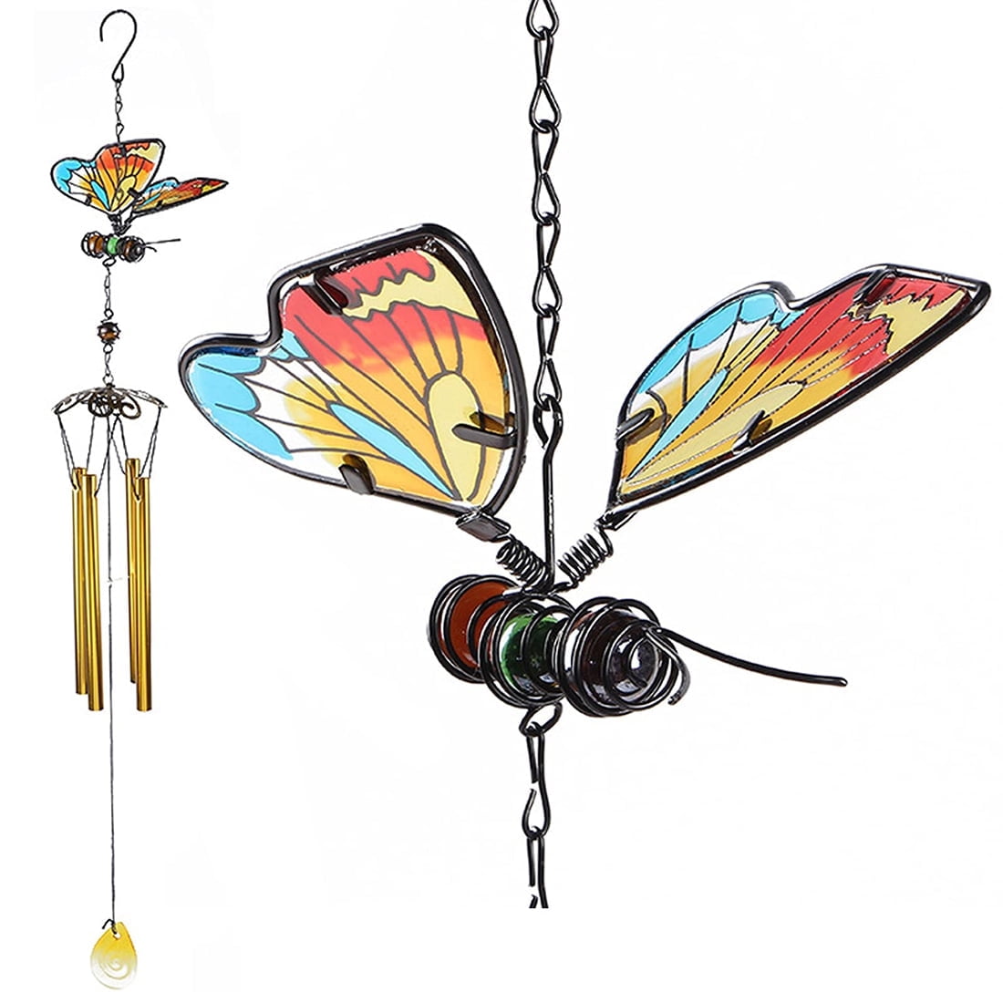 SeekFunning Butterfly Wind Chimes, 27.5''H Iron Stained Glass Butterfly ...