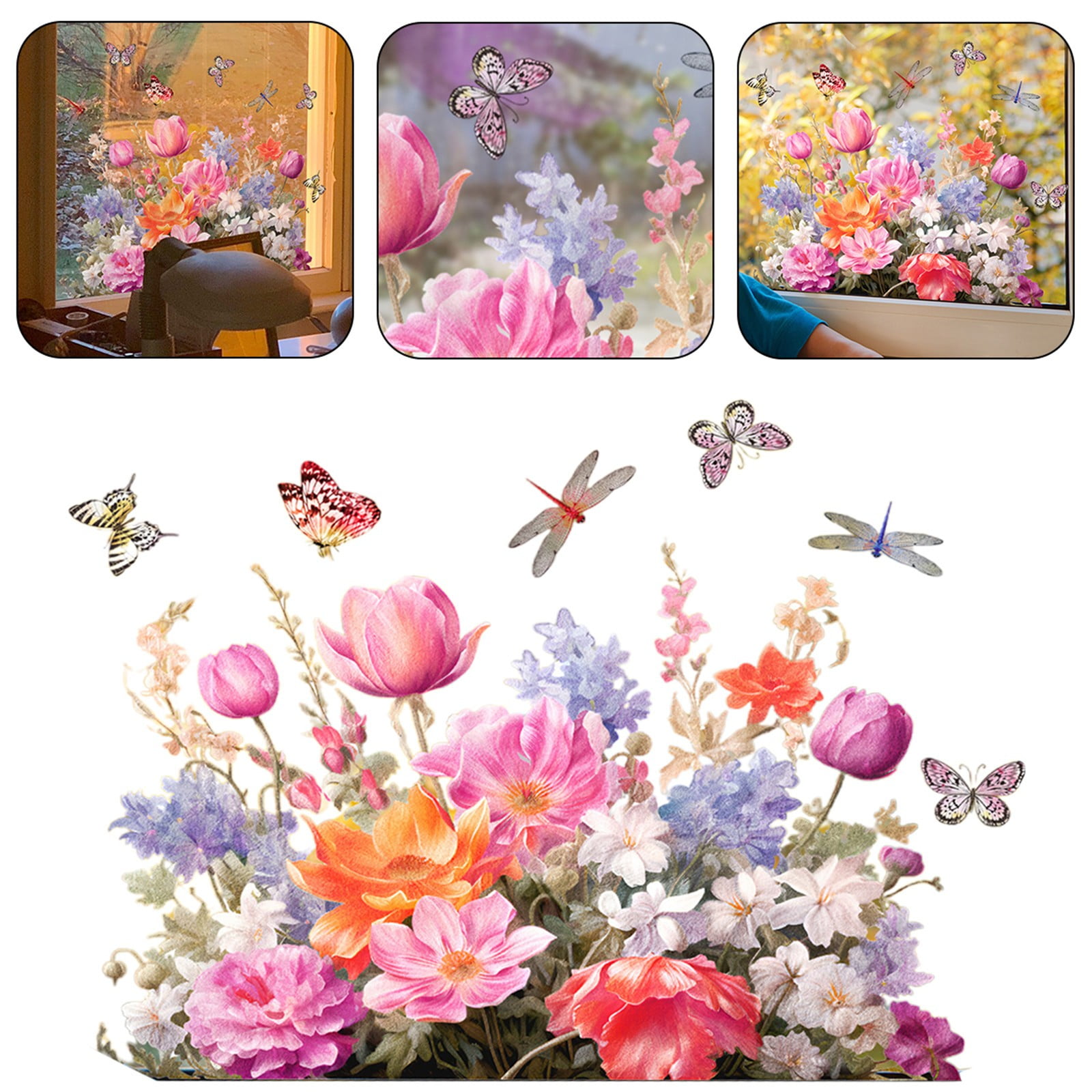 SeekLGT Stained Glass Window Film,Window Clings,Colorful Floral Bouquet Window Sticker Flower ...