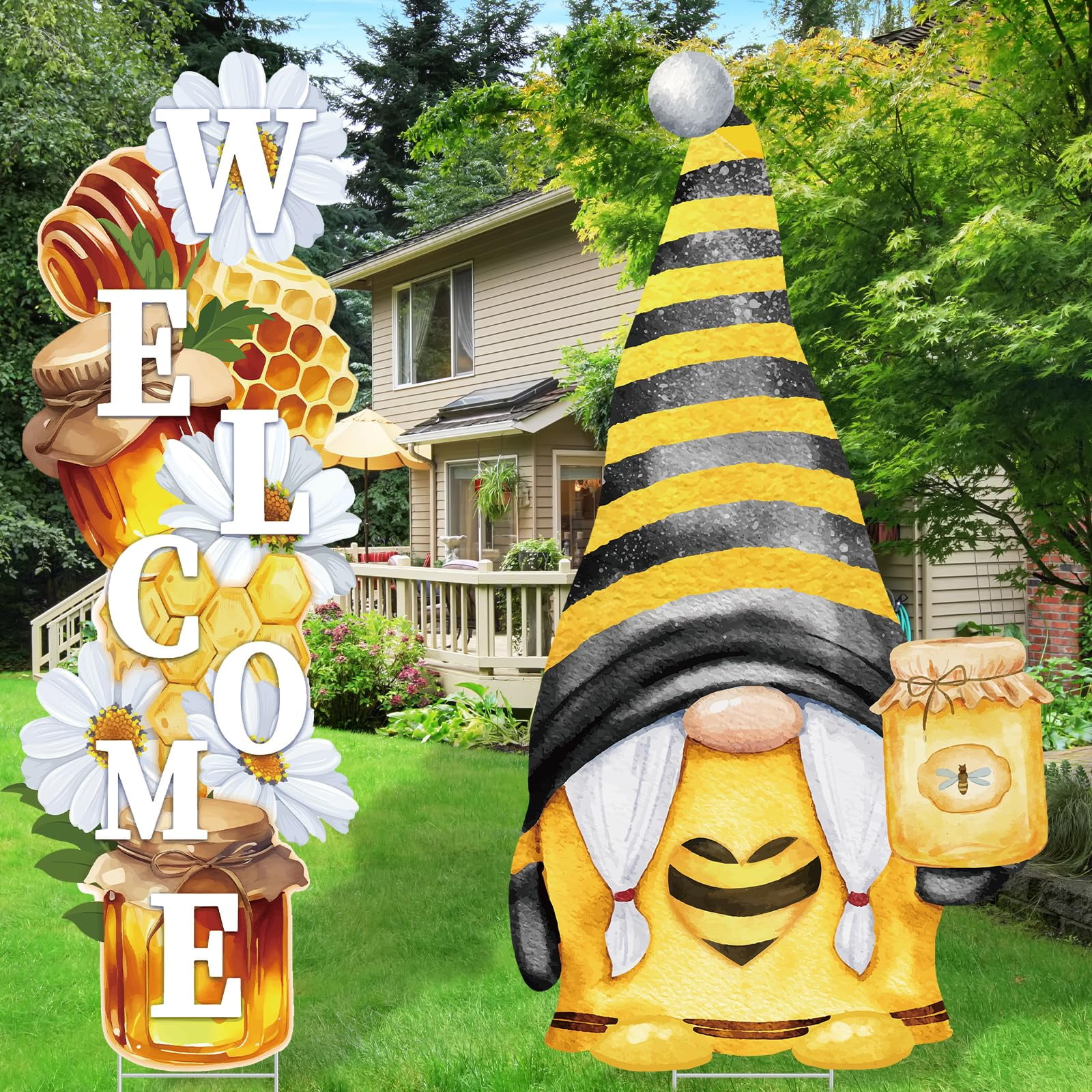Seeloowy 2 Sets Bee Theme Party Welcome Gnome Yard Signs Summer Bee ...