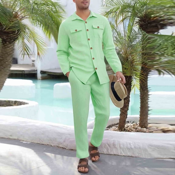 Seeotter 2 Piece Men Outfit Button Down Shirts and Pants Outfits Long ...