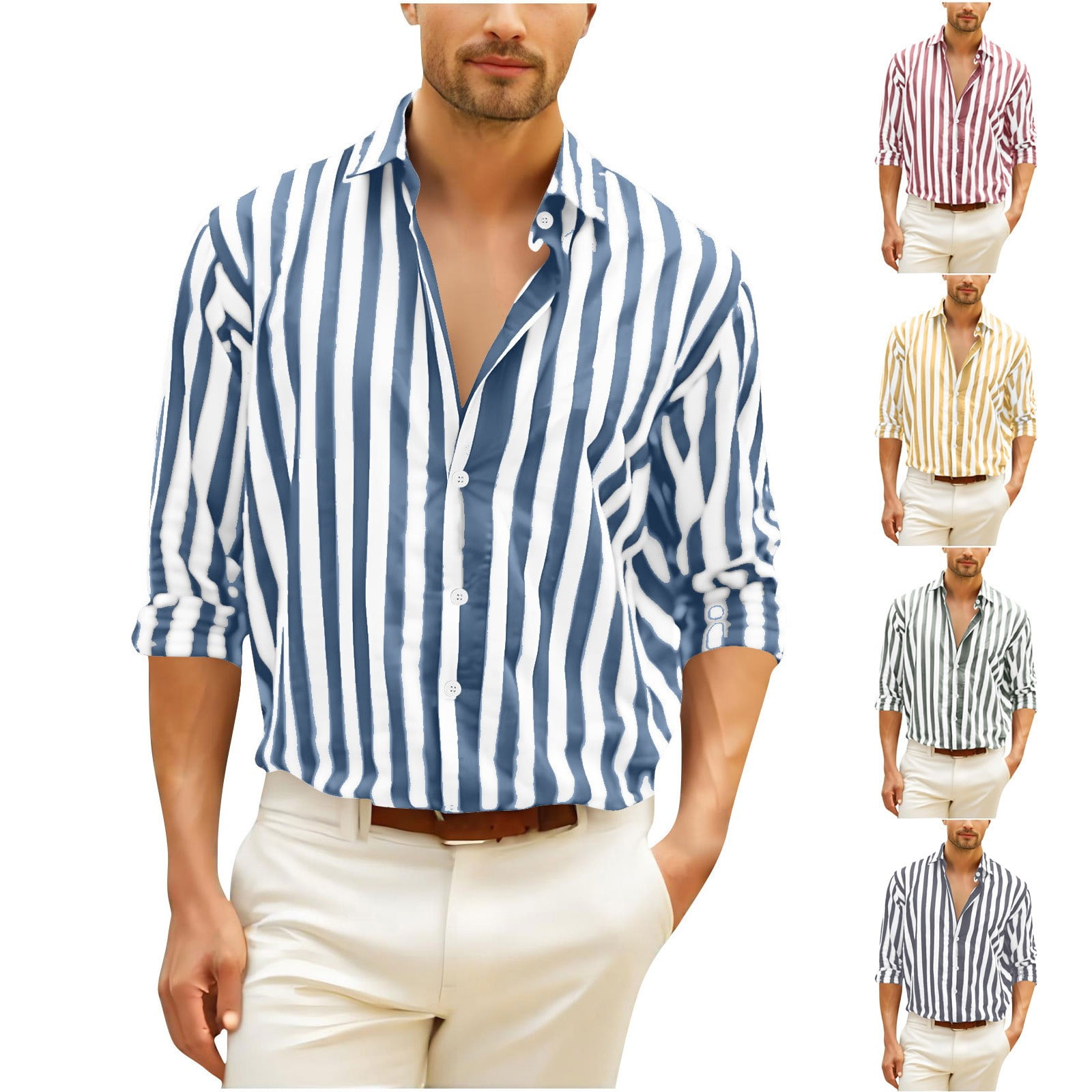 Seeotter Men's Casual Stripe Button-Down Long Sleeve Collared Shirt ...
