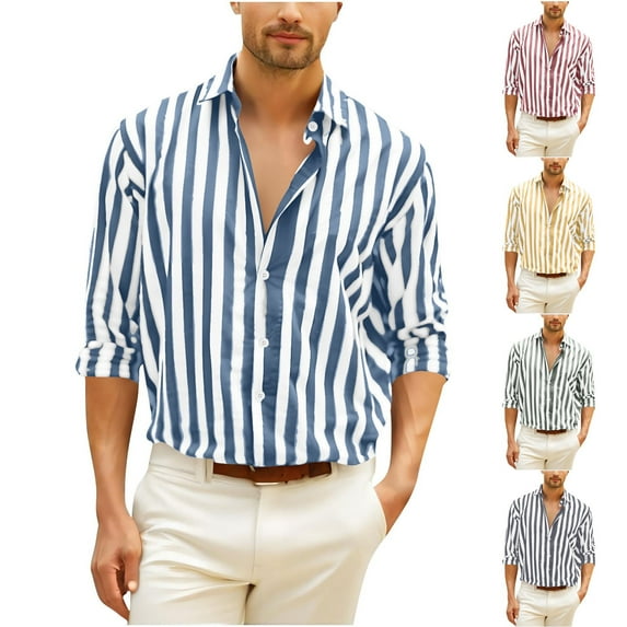 Seeotter Men's Casual Stripe Button-Down Long Sleeve Collared Shirt ...