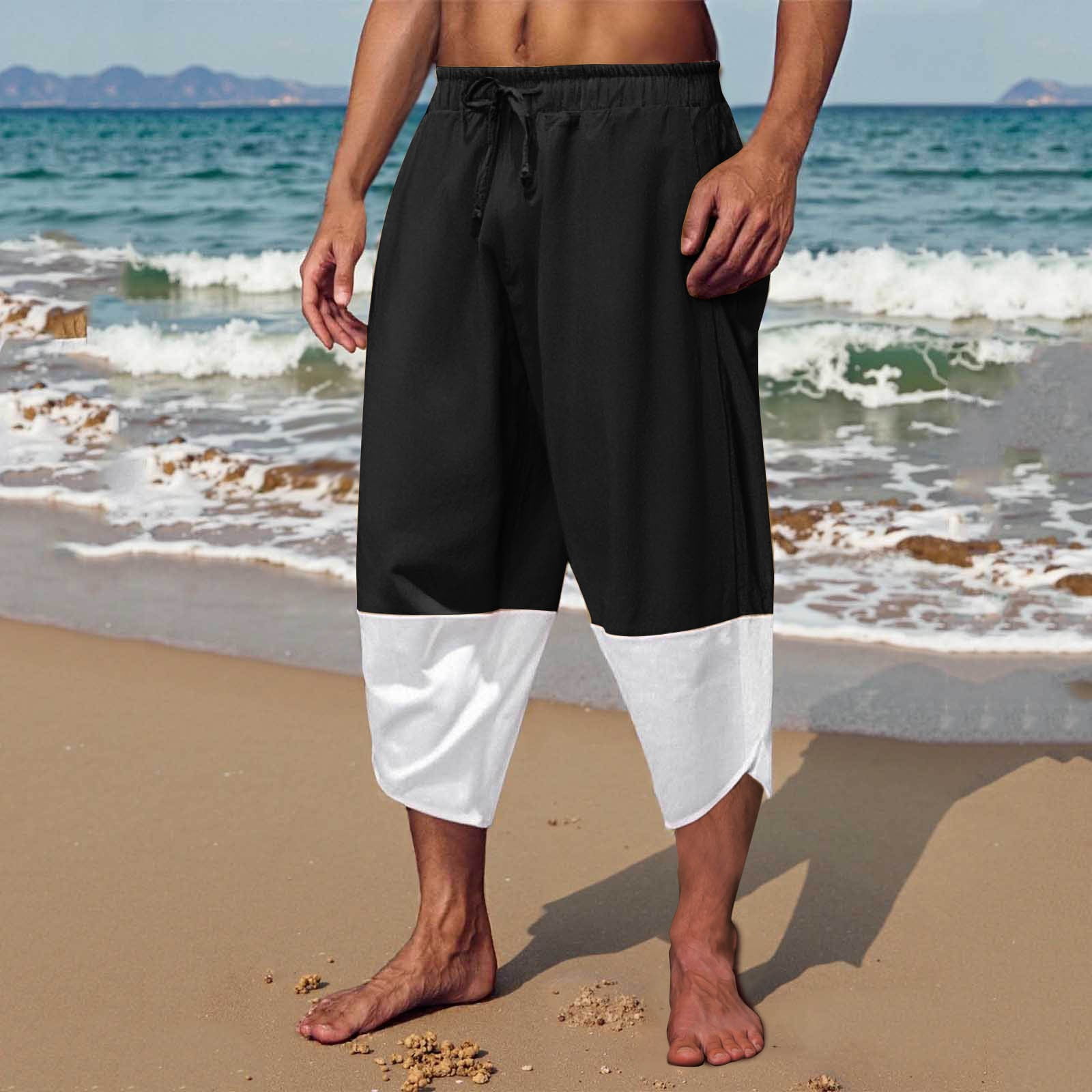 Seeotter Men's Linen Cotton Capri Pants Loose Fit Elastic Waist Wide ...