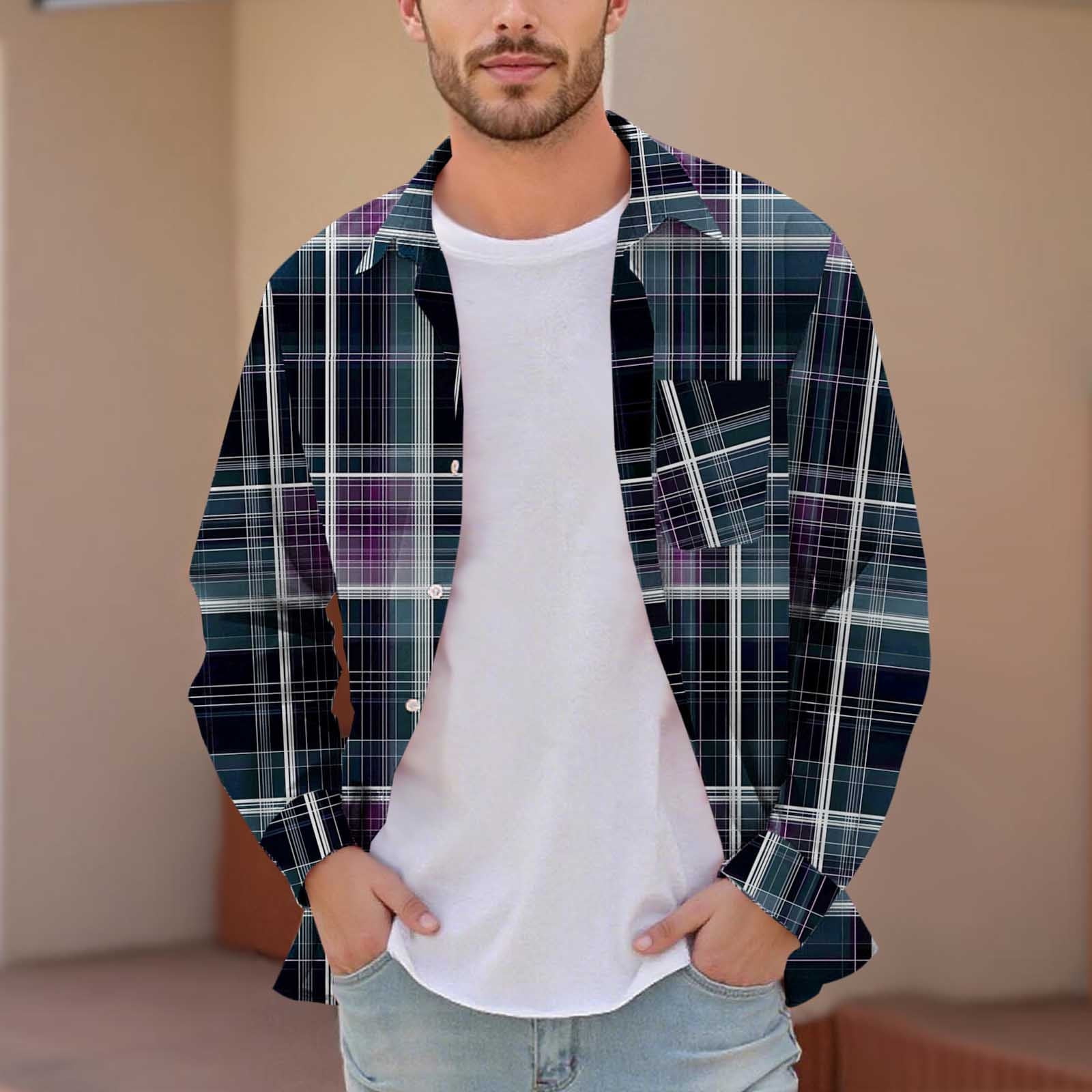 Seeotter Mens Stretchy Knit Plaid Shirt Long Sleeve Button Down Shirts ...