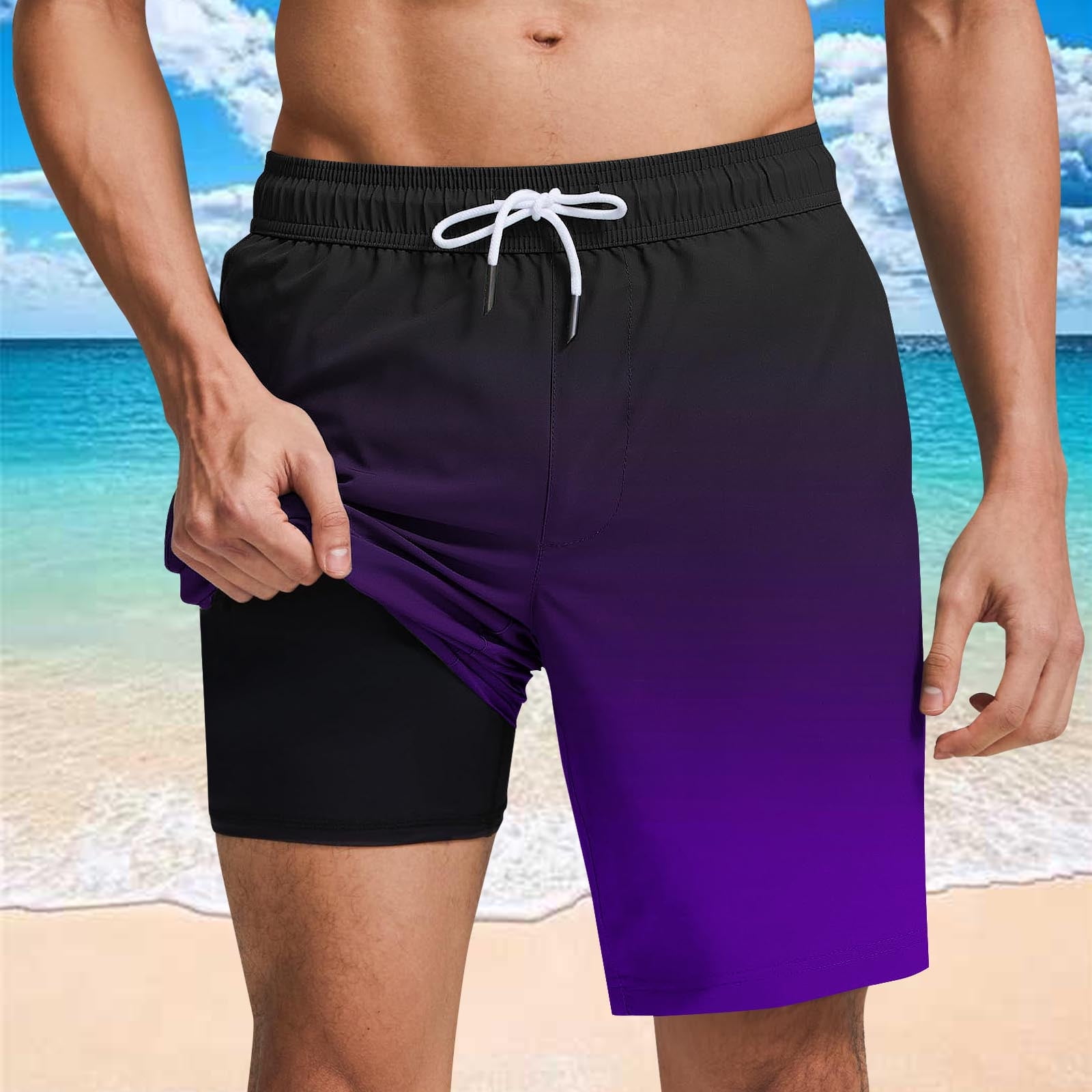 Seeotter Swimming Trunks for Men Gradient Block Elastic Waist Bathing ...