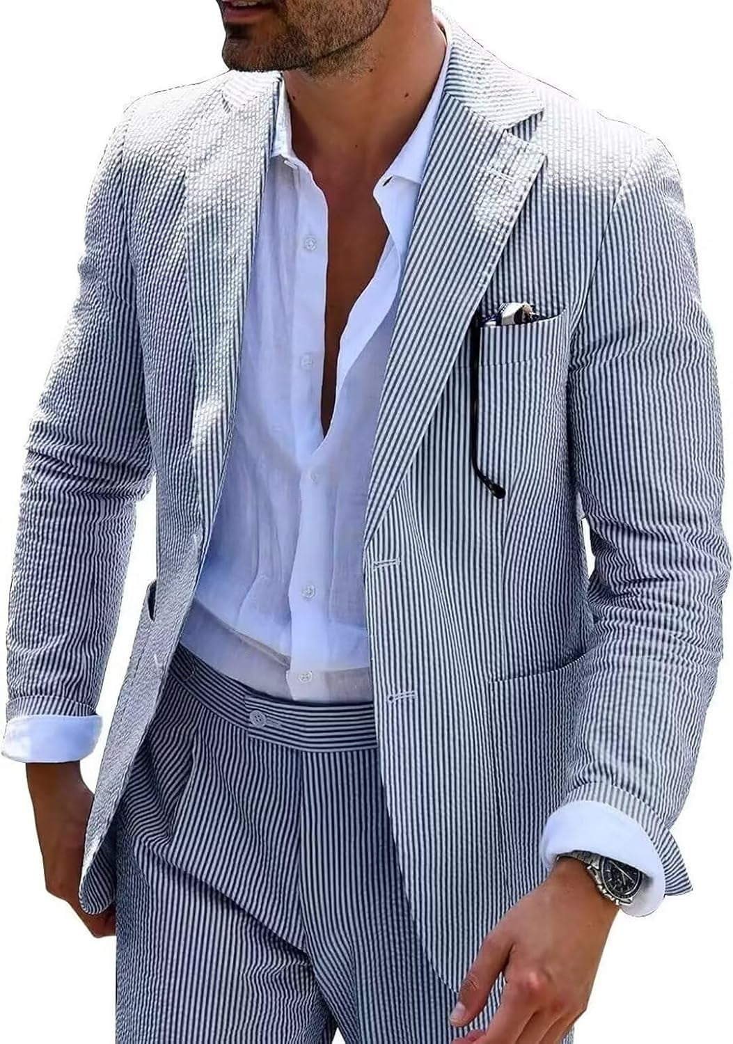 Seersucker Slim Suits for Men Formal Casul Summer Beach Wedding Grooms ...