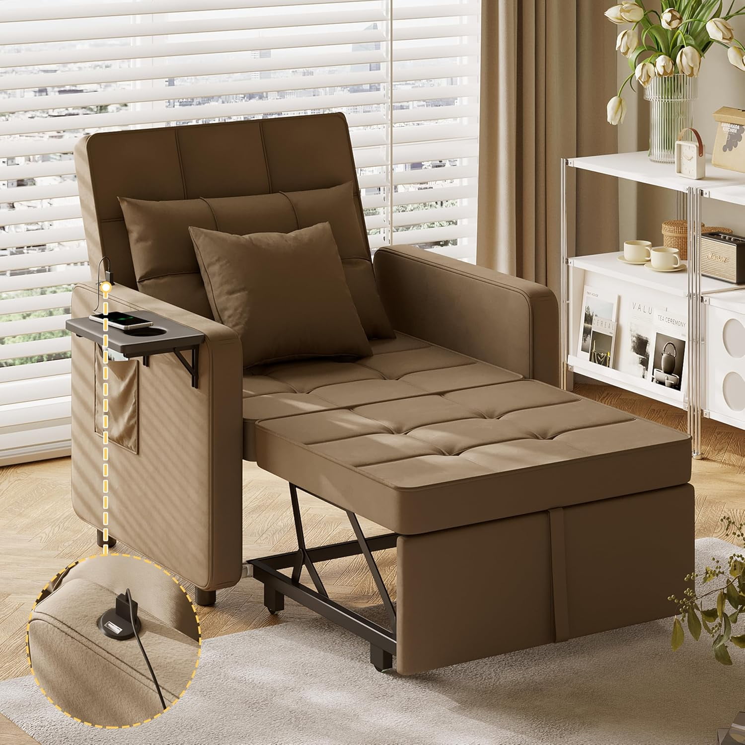 Seersucker Sofa Bed Chair with Wing Table and USB Ports Outlet 3-in-1 ...