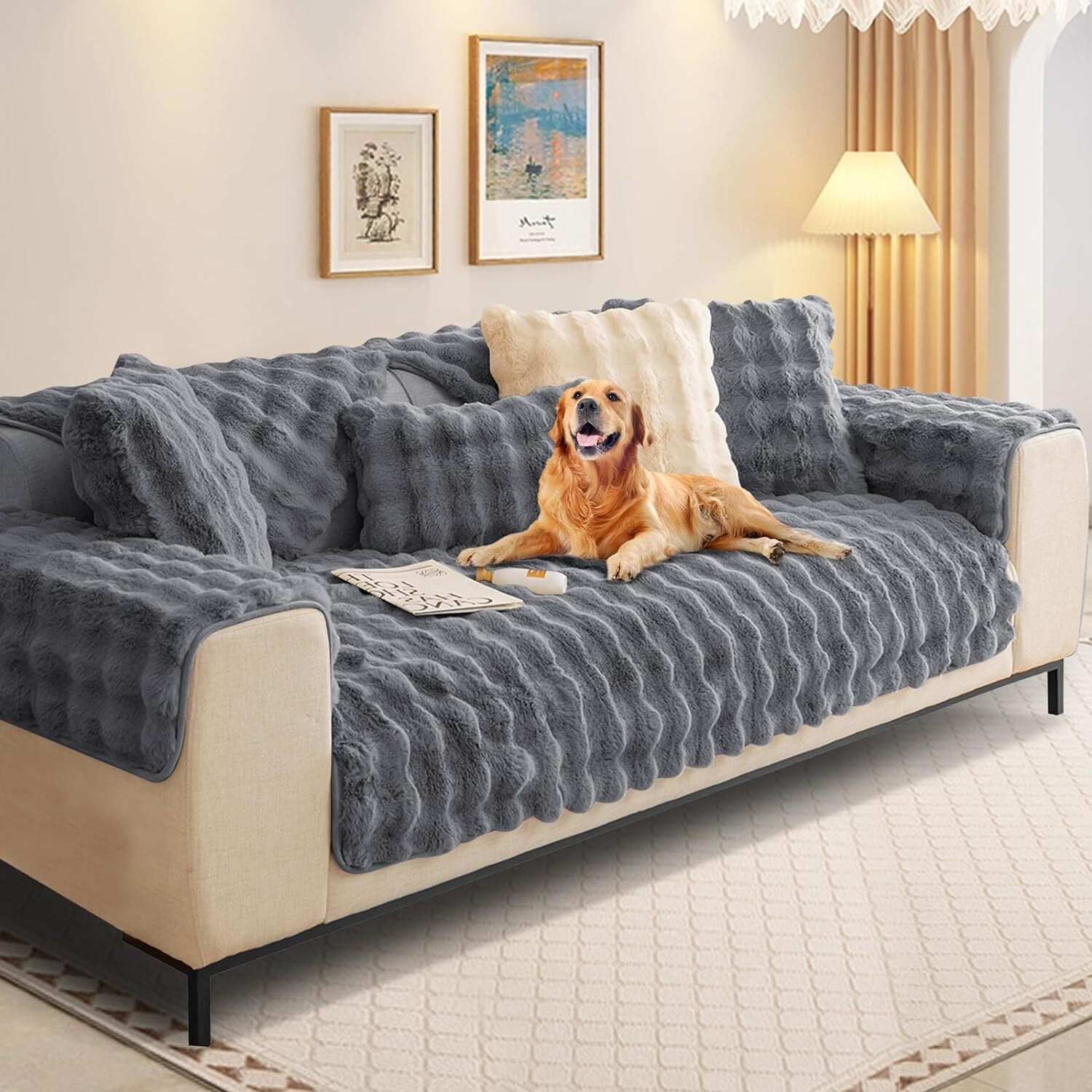 Seersucker Stretchy Sofa Slipcover, Pleated Ruffled Skirt, Durable ...