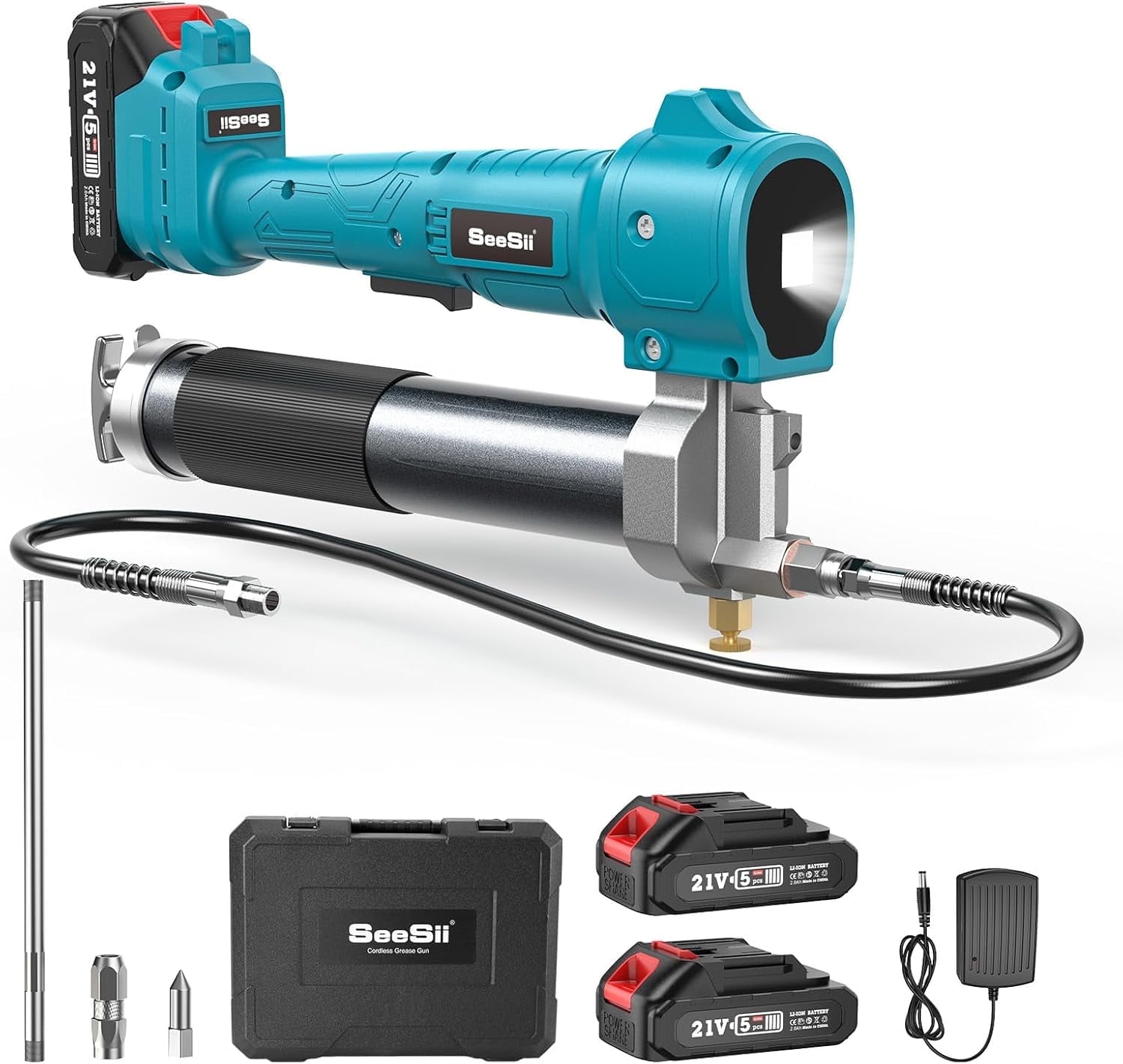 Seesii 10000 PSI Heavy Duty Grease Gun with 39.4" Long Hose, Electric Powered Grease Gun with 2 ...