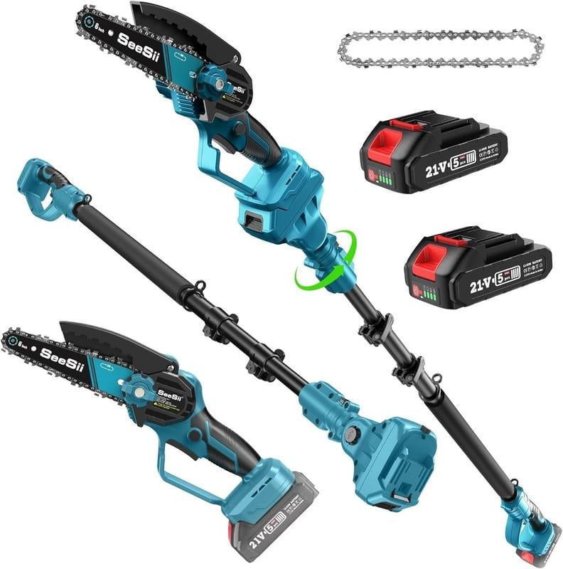 Seesii 2-IN-1 Cordless Pole Saw & Mini Chainsaws, 6-Inch Brushless Chain Saw with 2x 2.0Ah ...