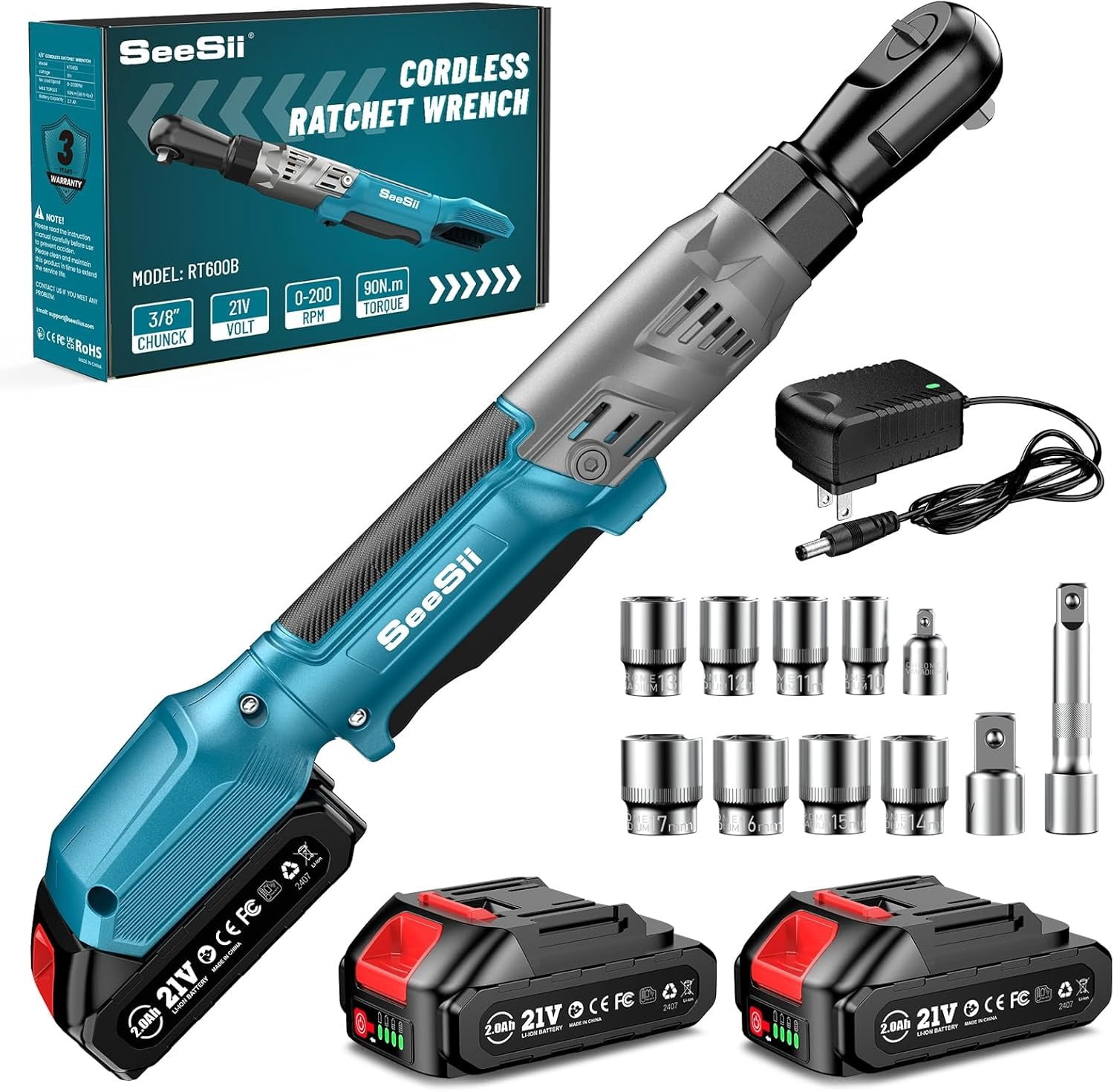 Seesii 21V Cordless Electric Ratchet Wrench Set, 66Ft-lbs 200RPM Power ...