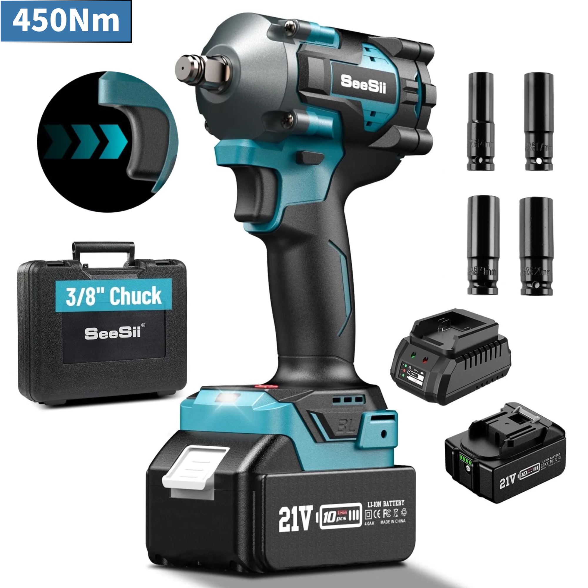 SeeSii Impact Wrench, 330Ft-Ibs (450N.m) 3/8" Electric Impact Wrench ...