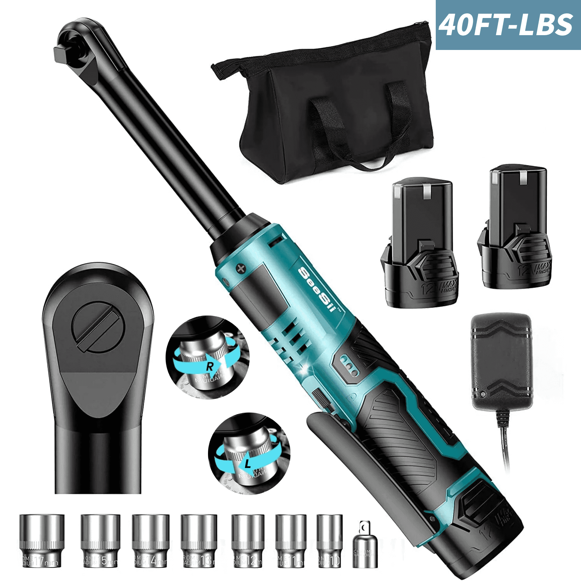 Seesii 3/8" Cordless Ratchet Wrench, 40Ft-lbs (54N.m) 220RPM Light ...