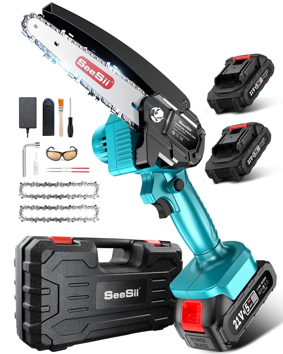 Seesii 6'' Mini Cordless Chainsaw, Handheld Power Saw with Charger, 2x ...