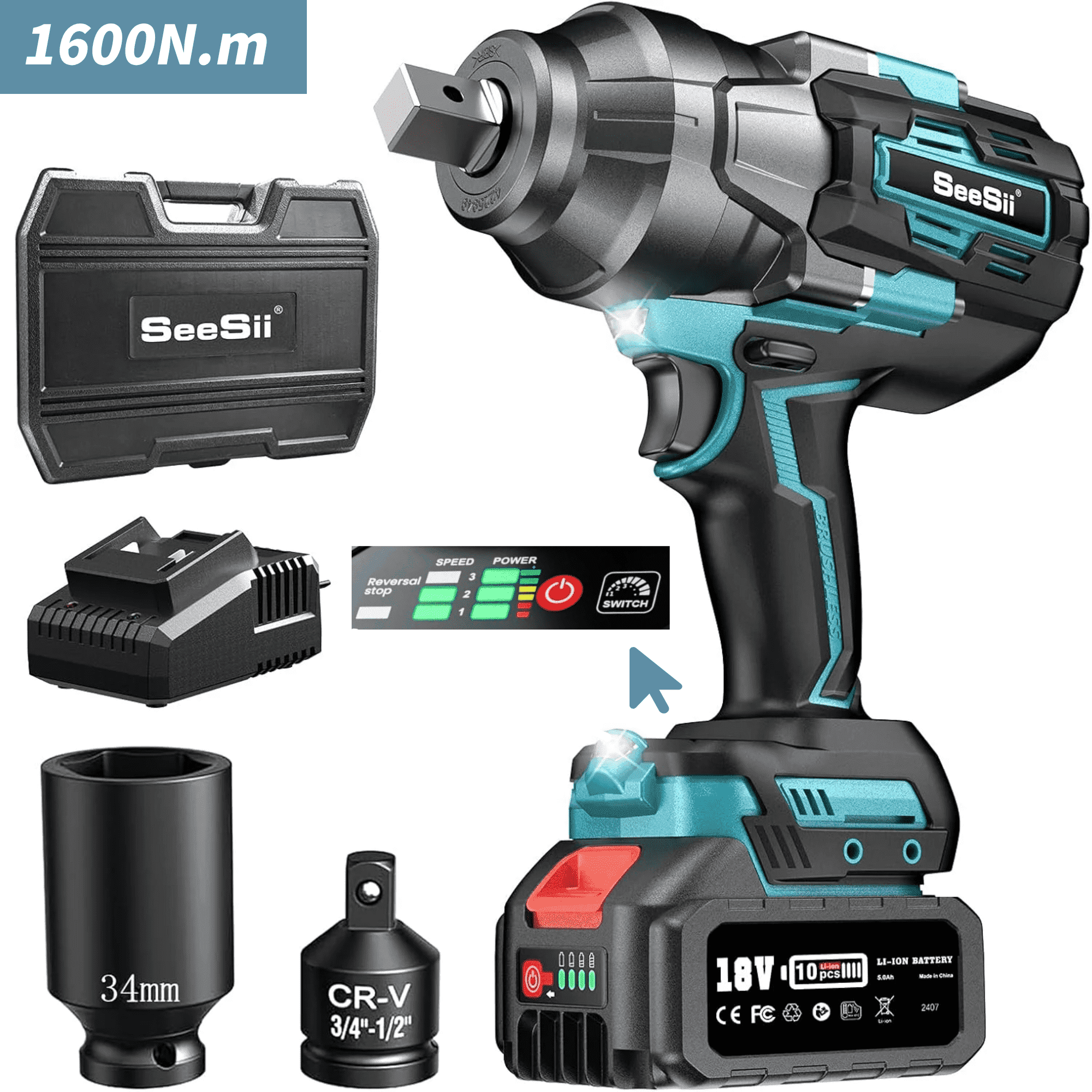 Seesii Cordless Impact Wrench 1180Ft-lbs(1600N.m), 3/4'' 3800RPM ...