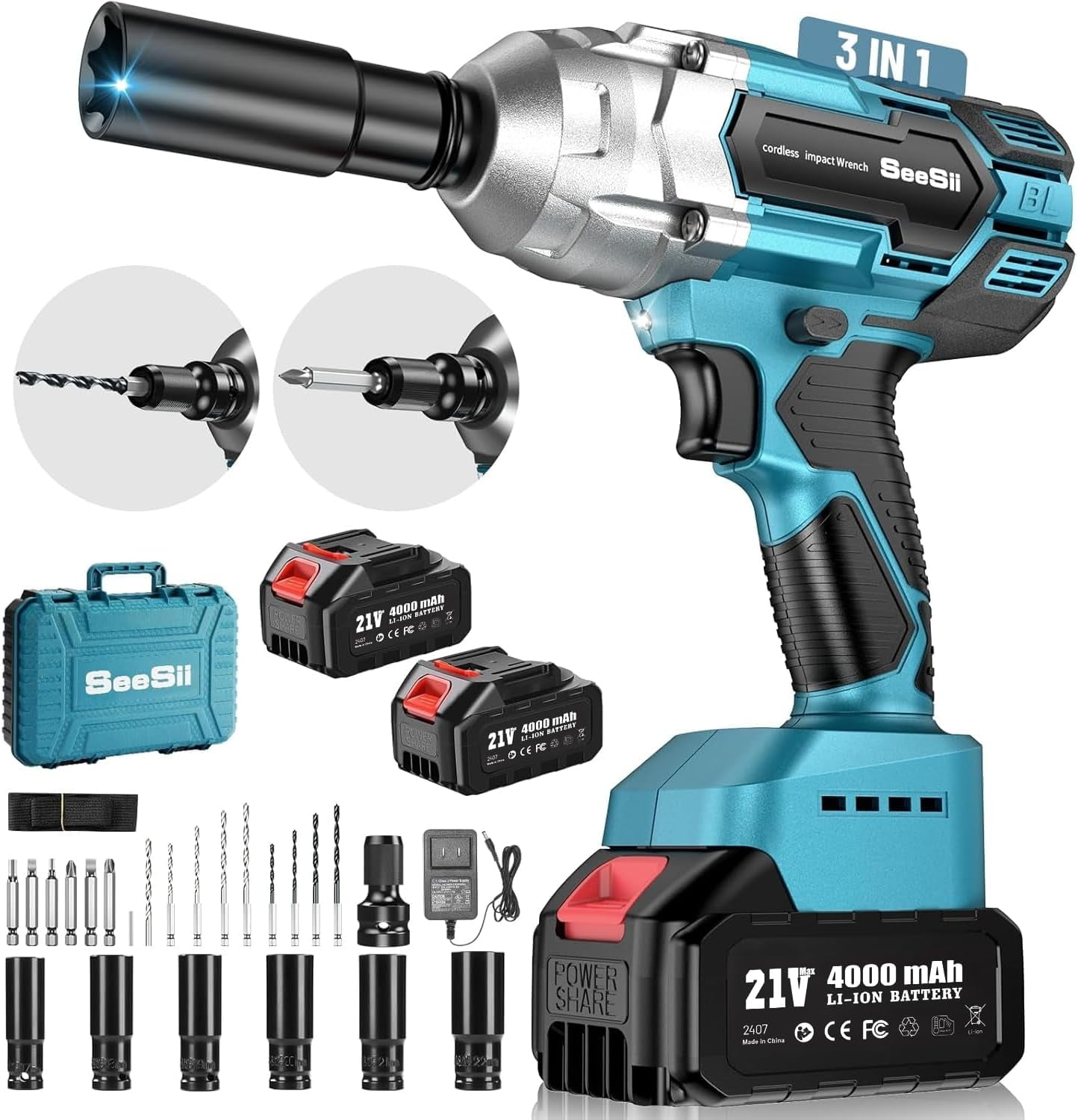 Seesii Cordless Impact Wrench 1/2 inch, High Torque 479 Ft-lbs(650Nm ...