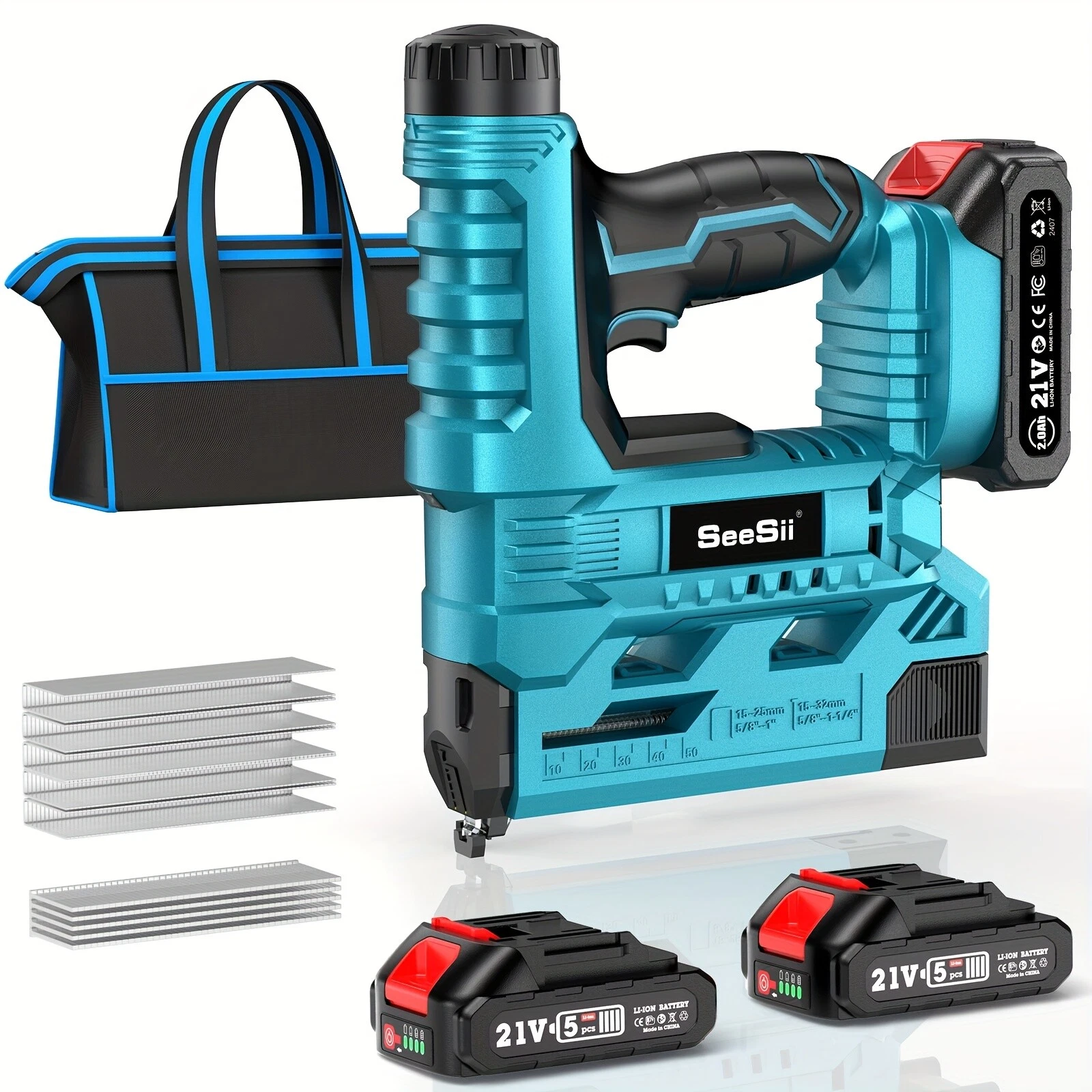 Seesii Cordless Brad Nailer Electric Staple Gun 18 Gauge , 2×21V ...