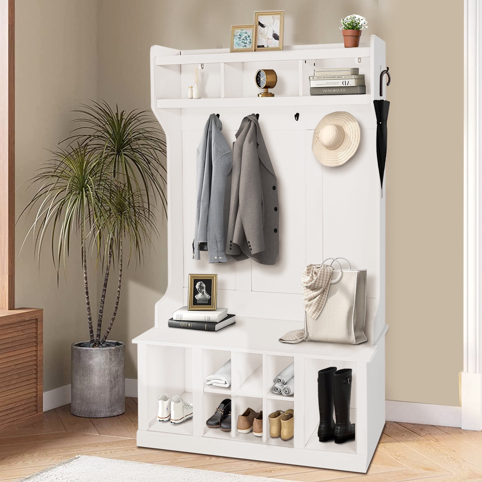 Seetaras 5-in-1 Entryway Hall Tree with Storage Cabinet and Top Shelf ...