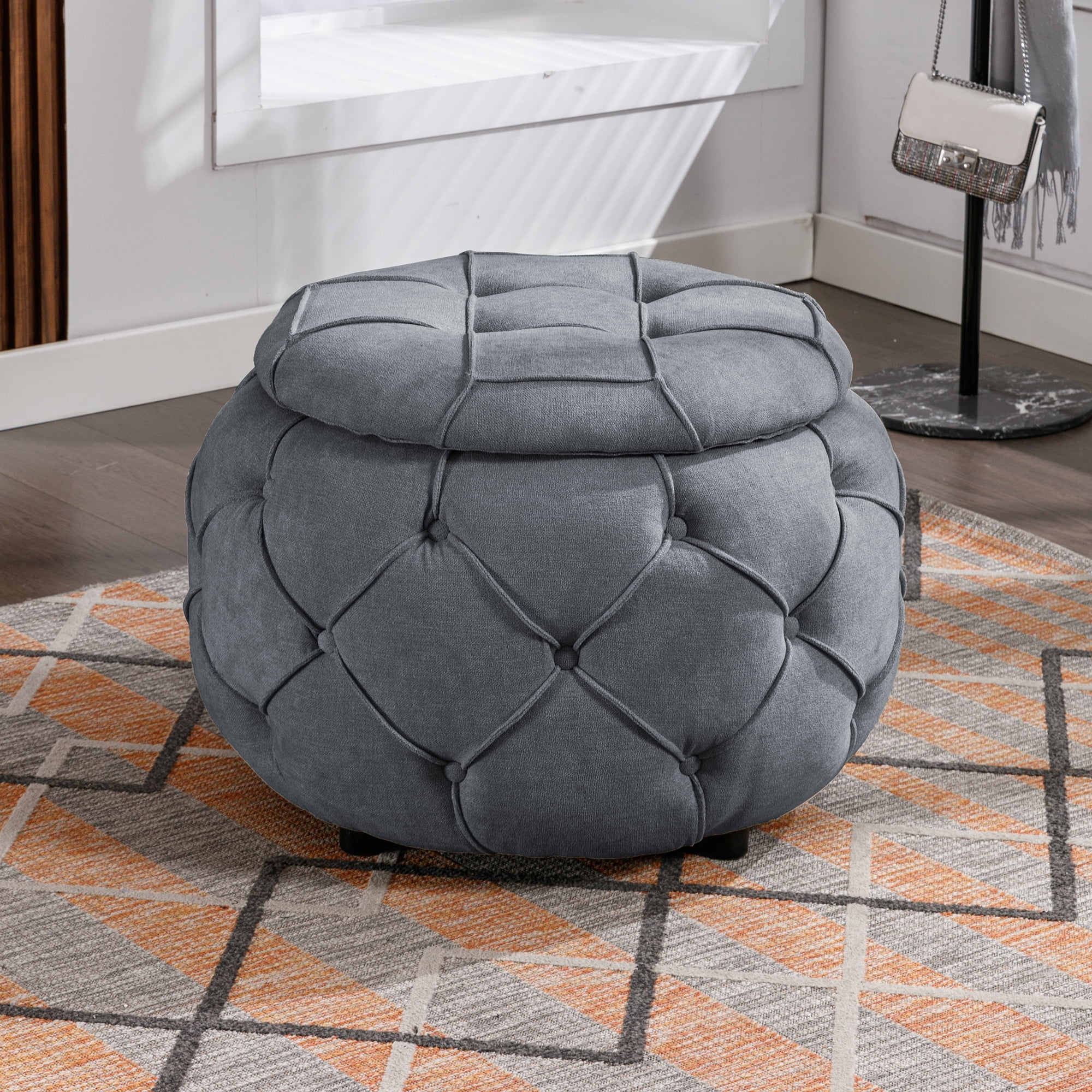 Seetaras Button Tufted Woven Round Storage Ottoman Footstool with ...