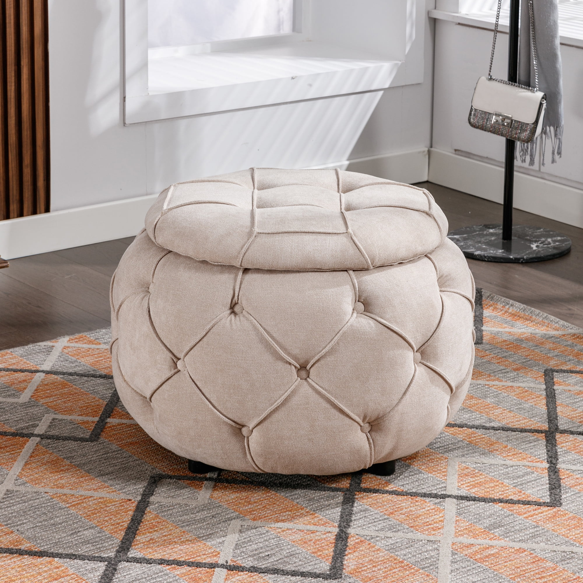 Seetaras Button Tufted Woven Round Storage Ottoman Footstool with ...