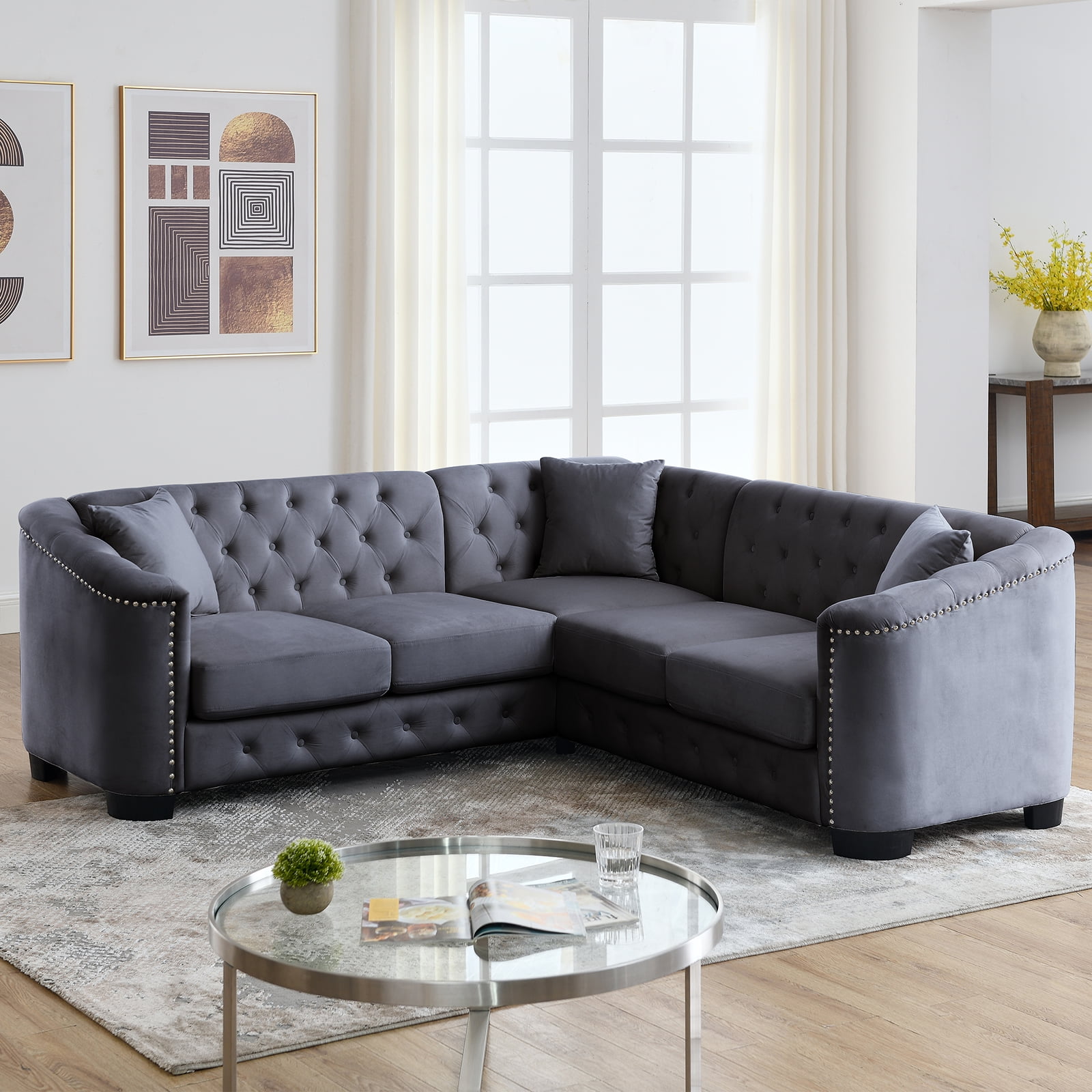 Seetaras Modern L-shaped Corner Sofa Velvet Fabric High-density Sponge ...