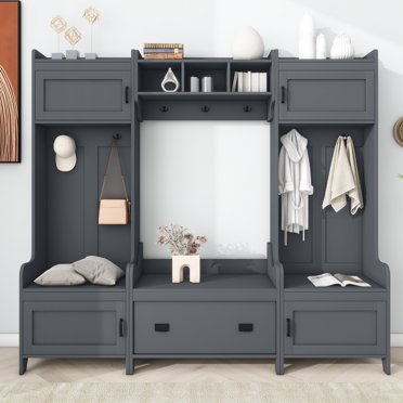 Mirrored Wooden Hall Tree with 1 Door and 1 Drawer, Brown and Silver ...