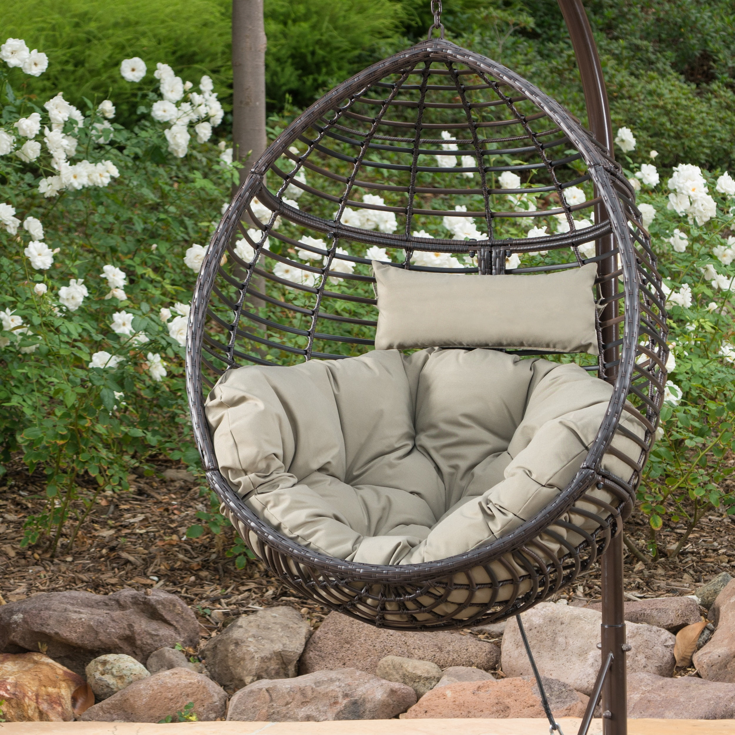 Seetaras Outdoor Basket Chair, Wicker Weave Hanging Chair with Cushions ...