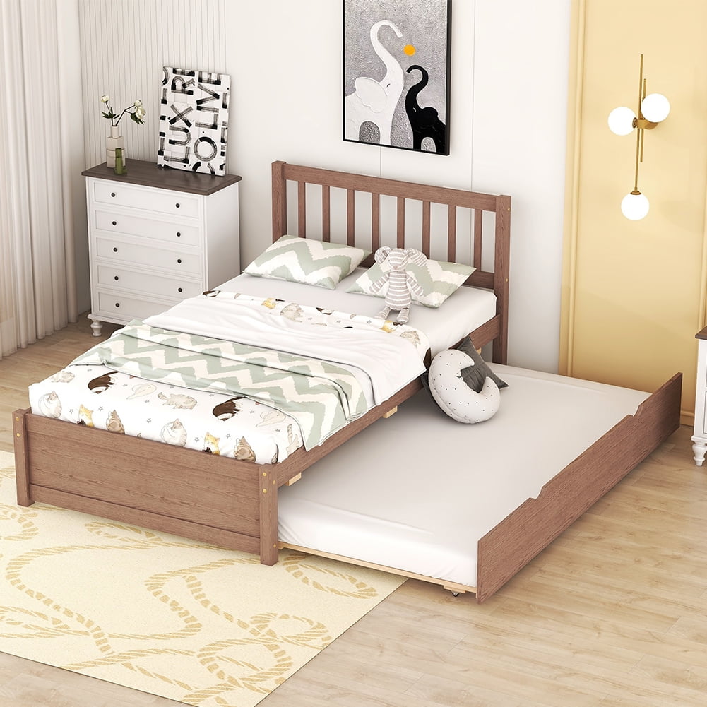Seetaras Twin Size Platform Bed Frame with Trundle,Solid Wood Bed Frame ...