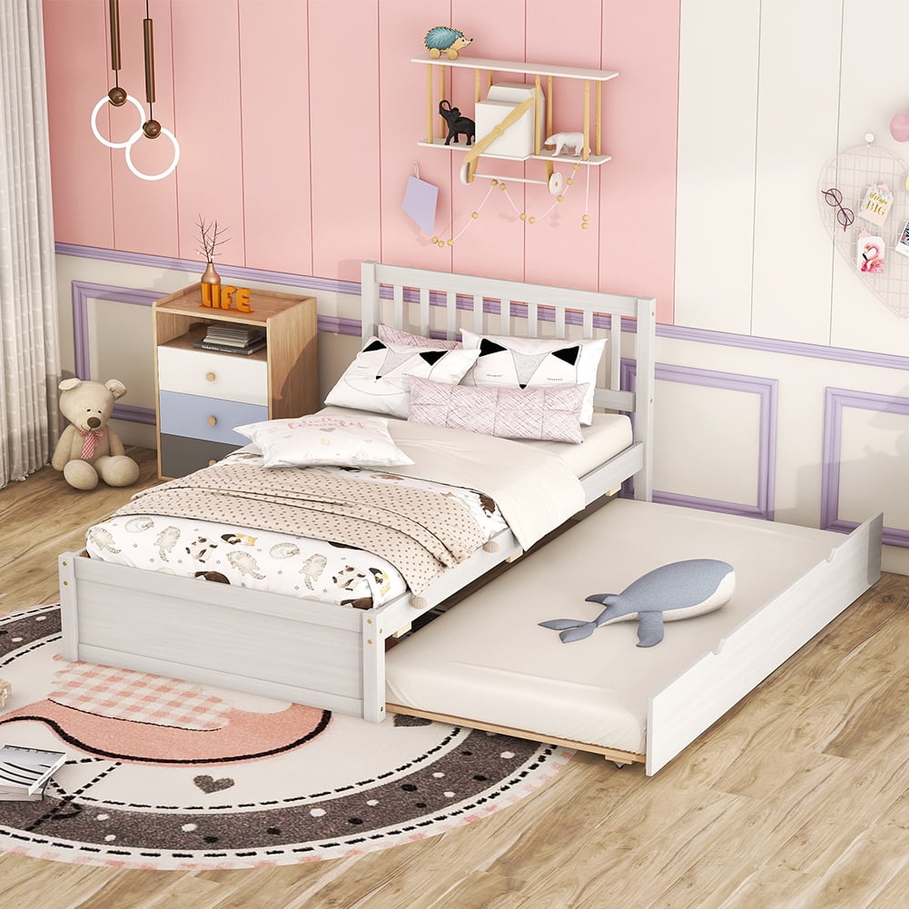 Seetaras Twin Size Platform Bed Frame with Trundle,Solid Wood Bed Frame ...