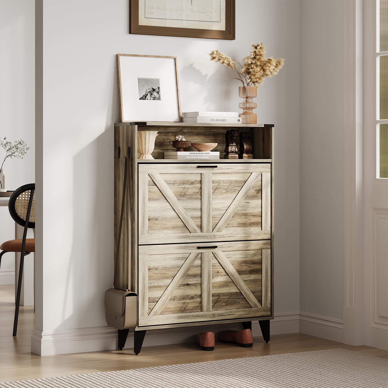 Seetaras Wood Shoe Cabinet Front Door Shoe Rack with 2 Flip Drawers ...