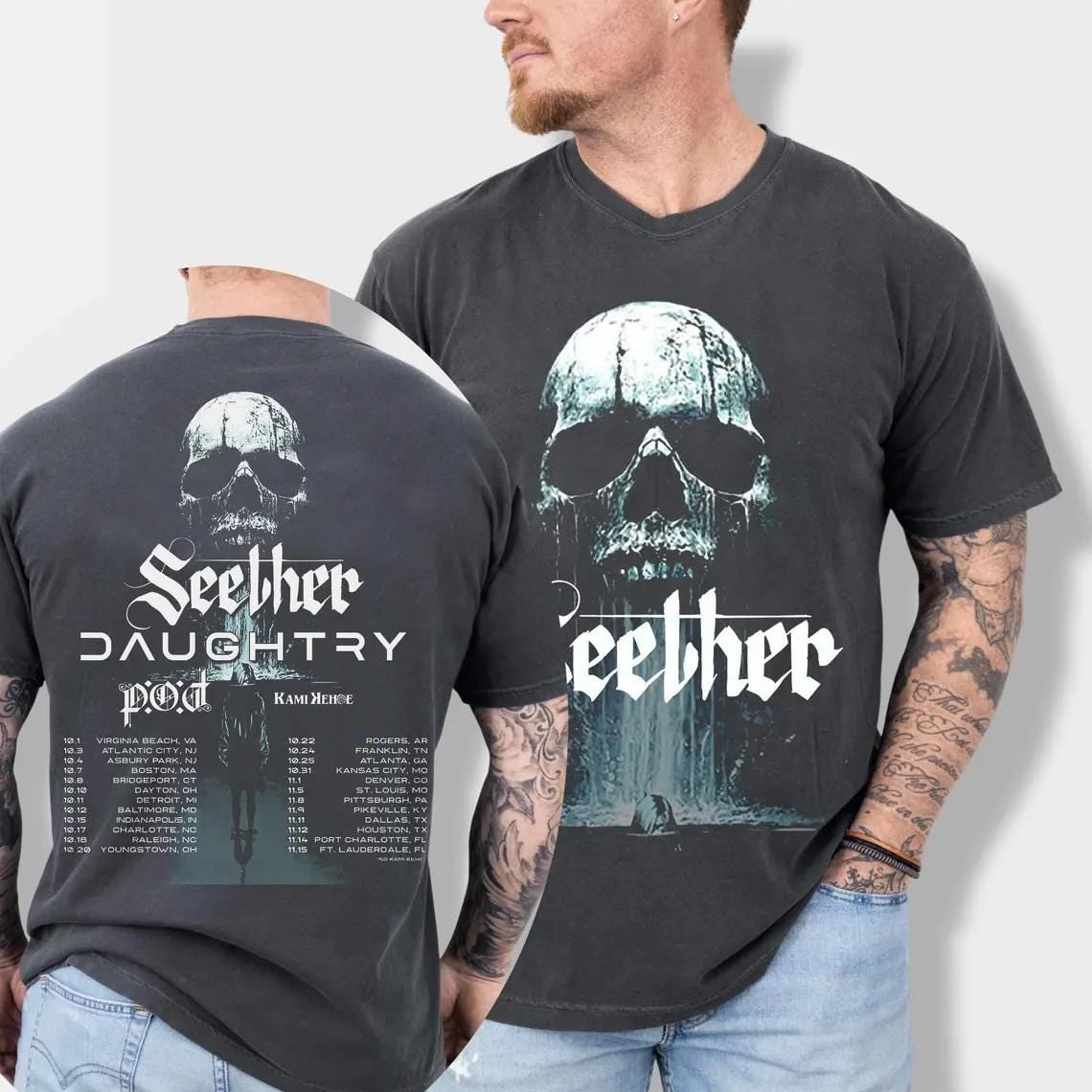 Seether Daughtry 2025 Tour T-Shirt: Official Concert Skull Graphic Tee ...