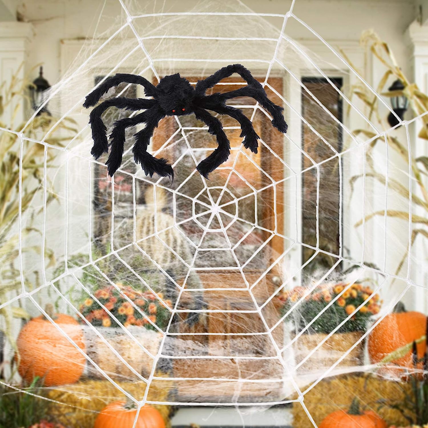 Seewan Halloween 142" Giant Round Spider Web and 78.7" Hairy Spider ...