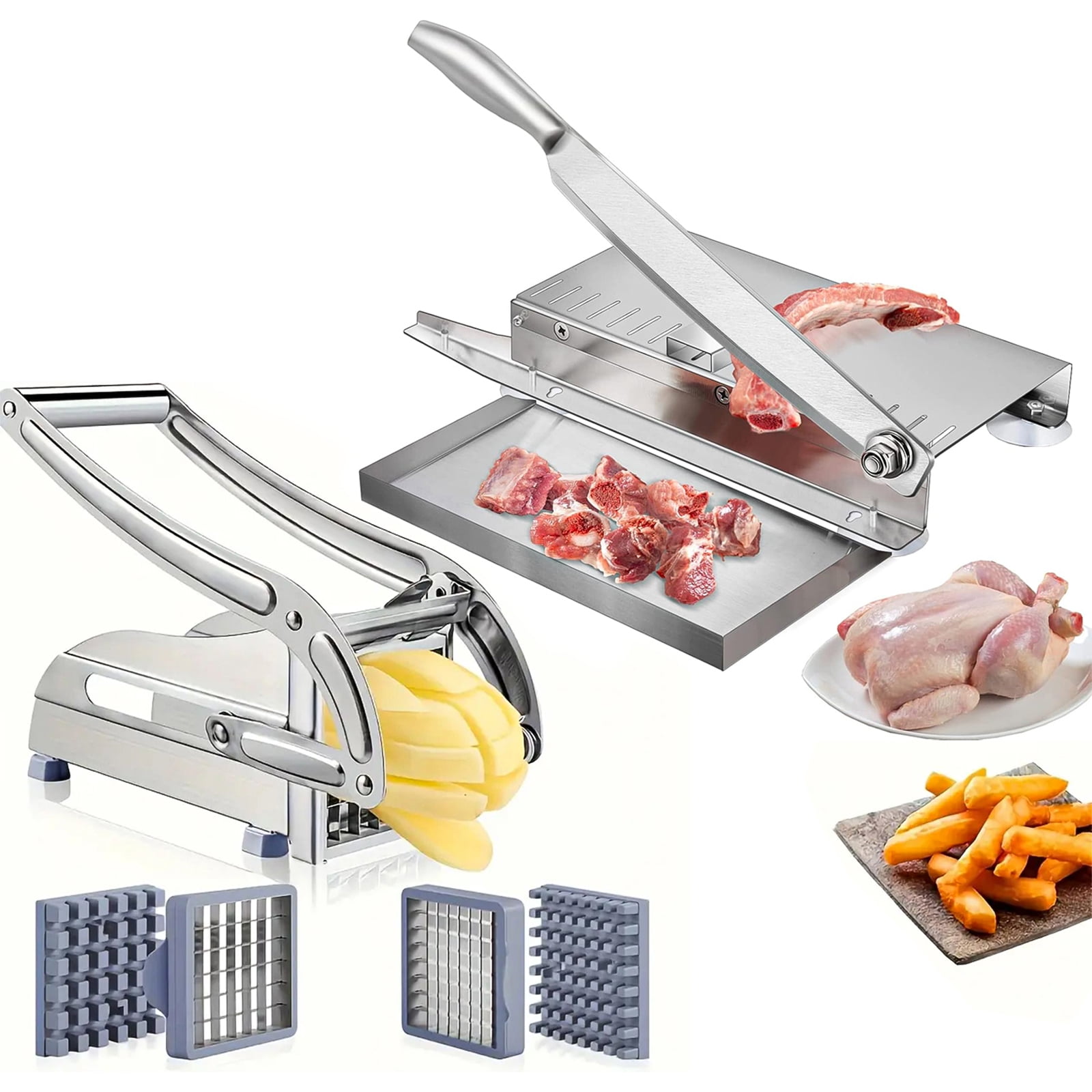 Sef of 2 stainless steel manual meat slicers and potato cutters - fast ...