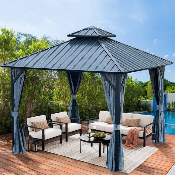 SOLUMIA 10’x12’ Hardtop Gazebo, Brown Galvanized Steel Double Roof ...
